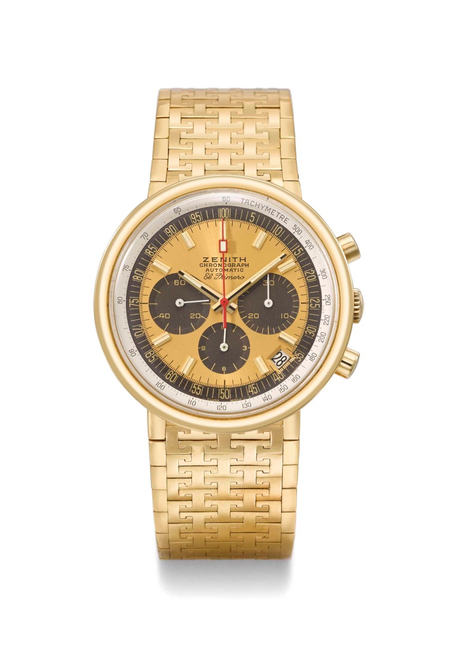 Zenith. A rare and attractive 18K gold automatic chronograph bracelet ...
