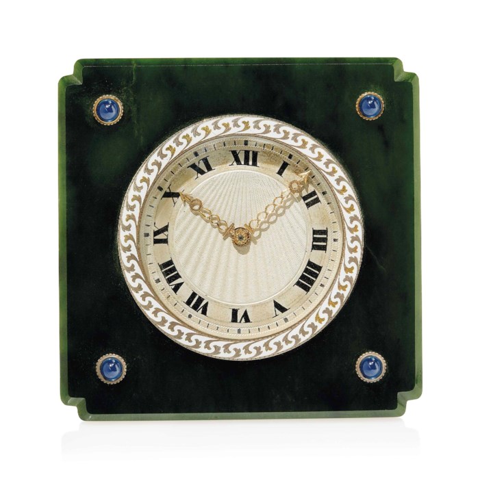 AN ART DÉCO JADE, SAPPHIRE AND ENAMEL DESK CLOCK, BY CARTIER | Christie's