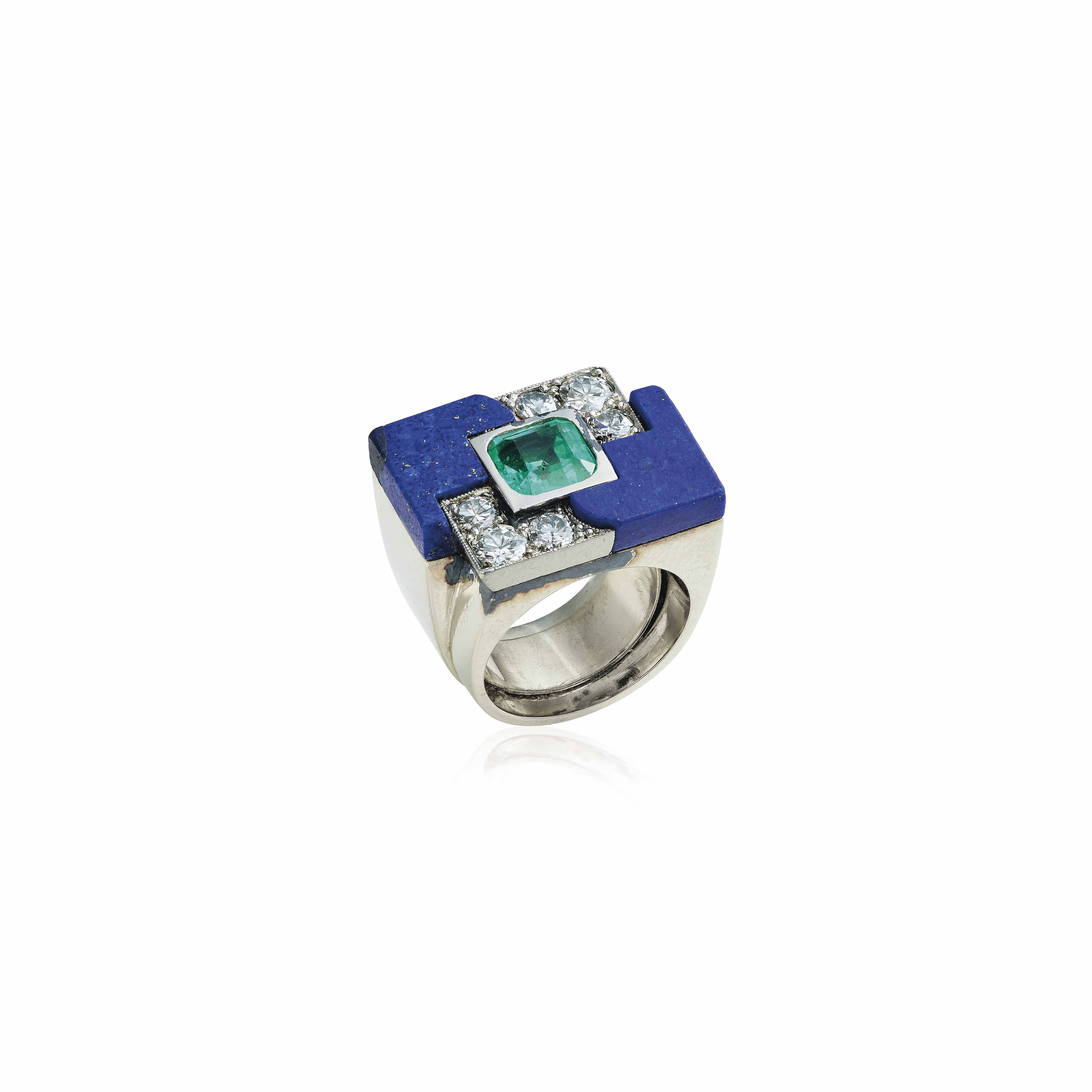 AN ART DÉCO EMERALD, LAPIS LAZULI AND DIAMOND RING, BY RAYMOND TEMPLIER ...