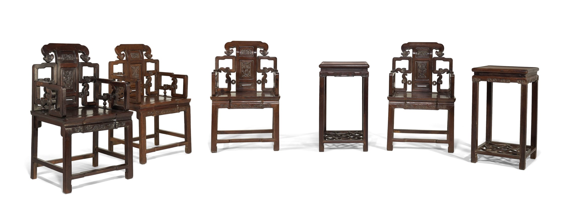 A SET OF FOUR HONGMU ARMCHAIRS AND TWO HONGMU STANDS, LATE QING DYNASTY ...