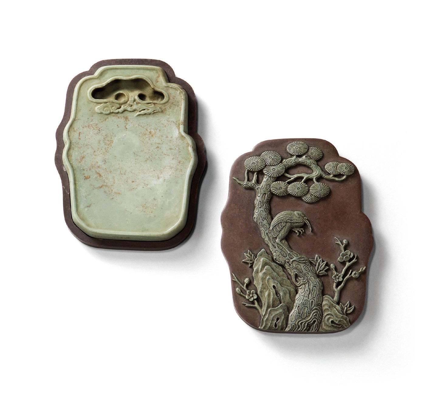 A SONGHUA INK STONE, BOX AND COVER, QIANLONG INCISED FOUR-CHARACTER ...