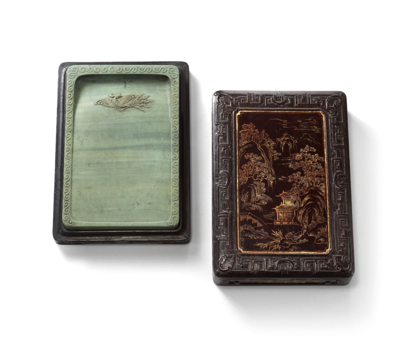A LACQUERED ZITAN BOX AND AN IMPERIAL INSCRIBED SONGHUA INK STONE ...