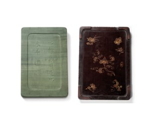 A LACQUERED ZITAN BOX AND AN IMPERIAL INSCRIBED SONGHUA INK STONE ...