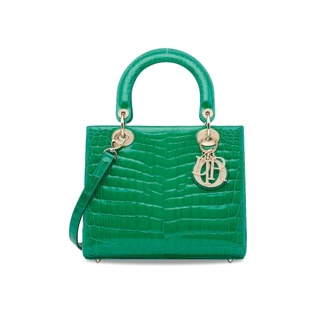 A SHINY MINT GREEN CROCODILE LADY DIOR WITH GOLD & CRYSTAL HARDWARE ...