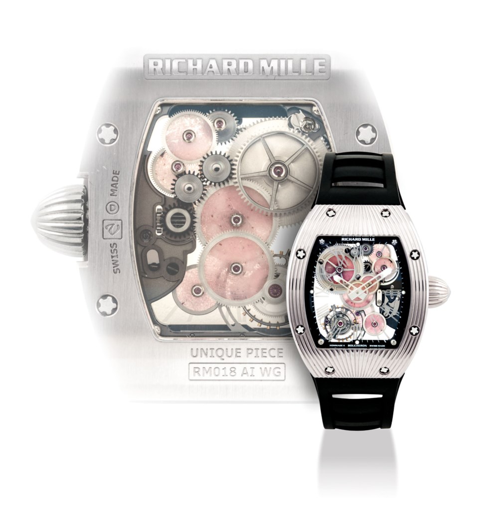 RICHARD MILLE. A UNIQUE AND VERY FINE 18K WHITE GOLD TONNEAU-SHAPED ...