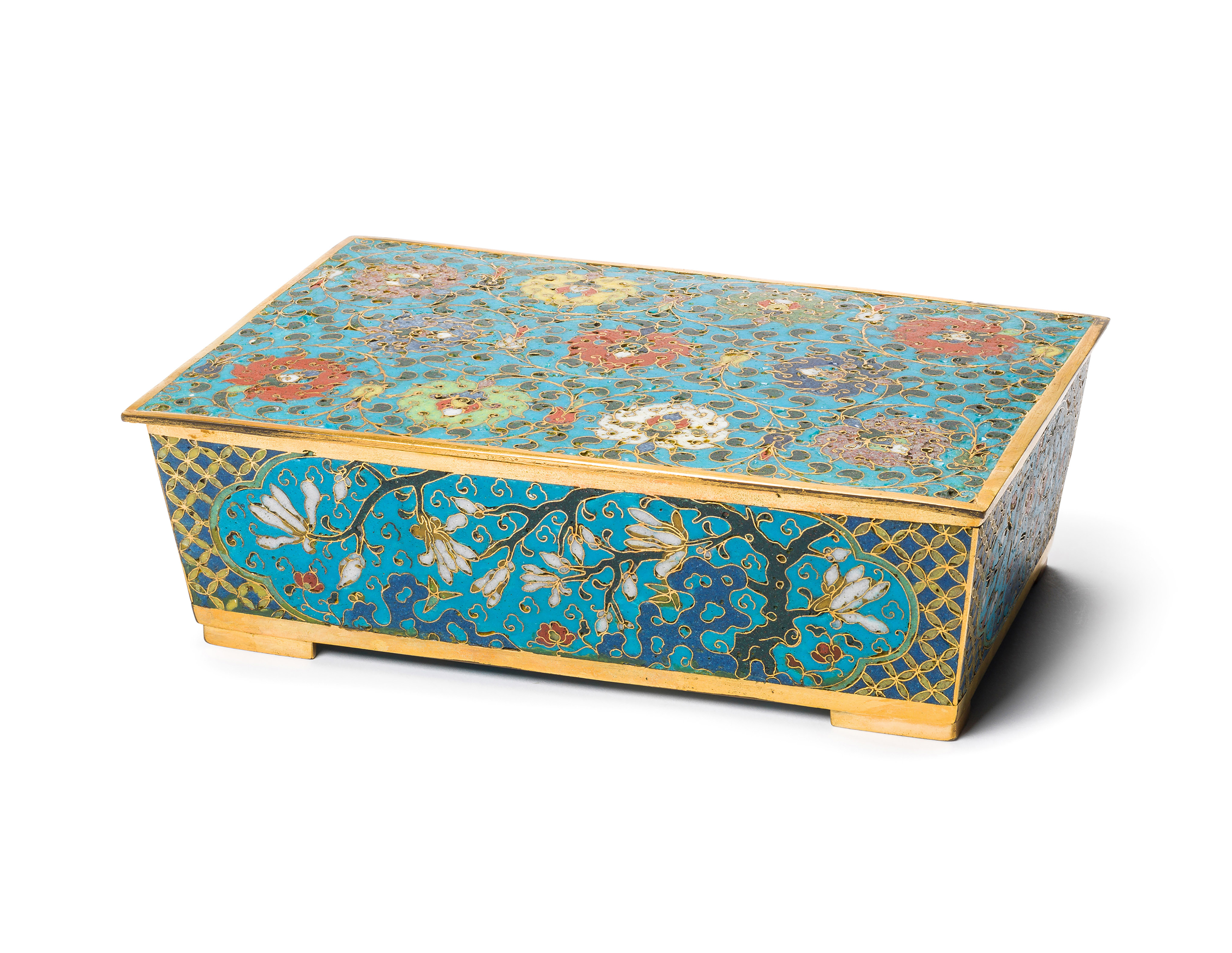 A CLOISONNE ENAMEL ‘LOTUS SCROLL’ RECTANGULAR BOX AND COVER, 17TH ...
