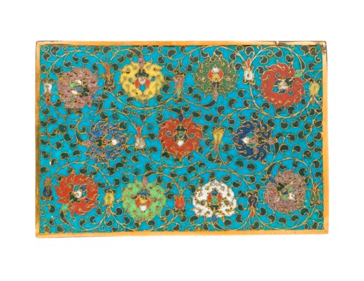 A CLOISONNE ENAMEL ‘LOTUS SCROLL’ RECTANGULAR BOX AND COVER, 17TH ...