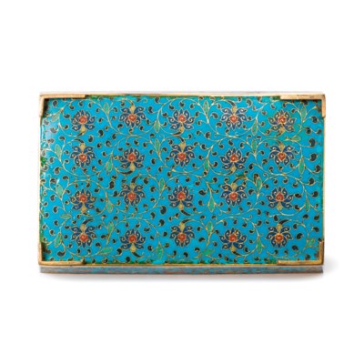 A CLOISONNE ENAMEL ‘LOTUS SCROLL’ RECTANGULAR BOX AND COVER, 17TH ...