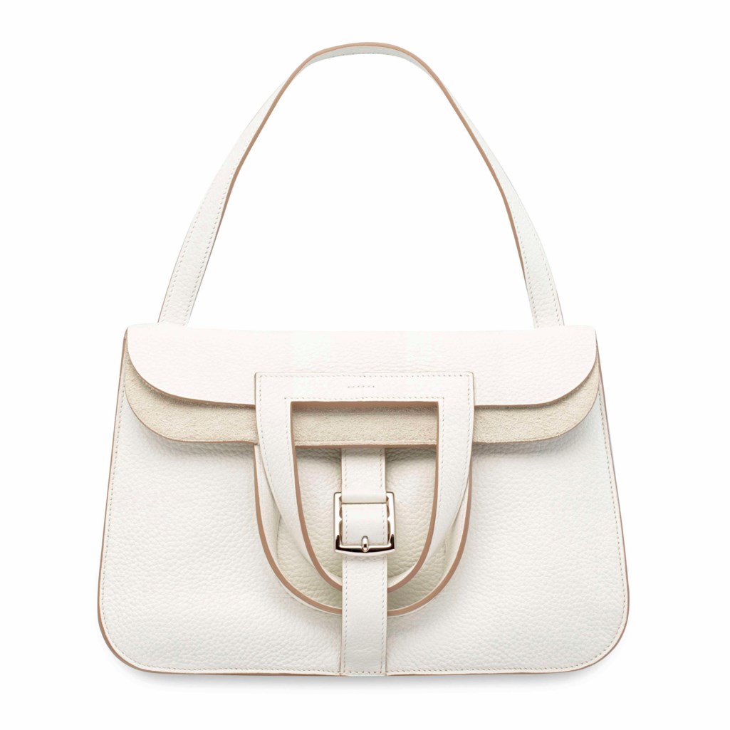 A WHITE CLÉMENCE LEATHER HALZAN MM WITH PALLADIUM HARDWARE, HERMÈS ...