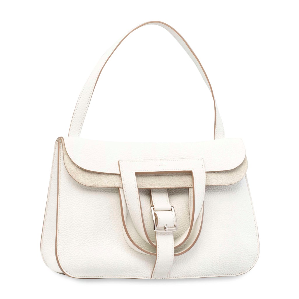 A WHITE CLÉMENCE LEATHER HALZAN MM WITH PALLADIUM HARDWARE, HERMÈS ...