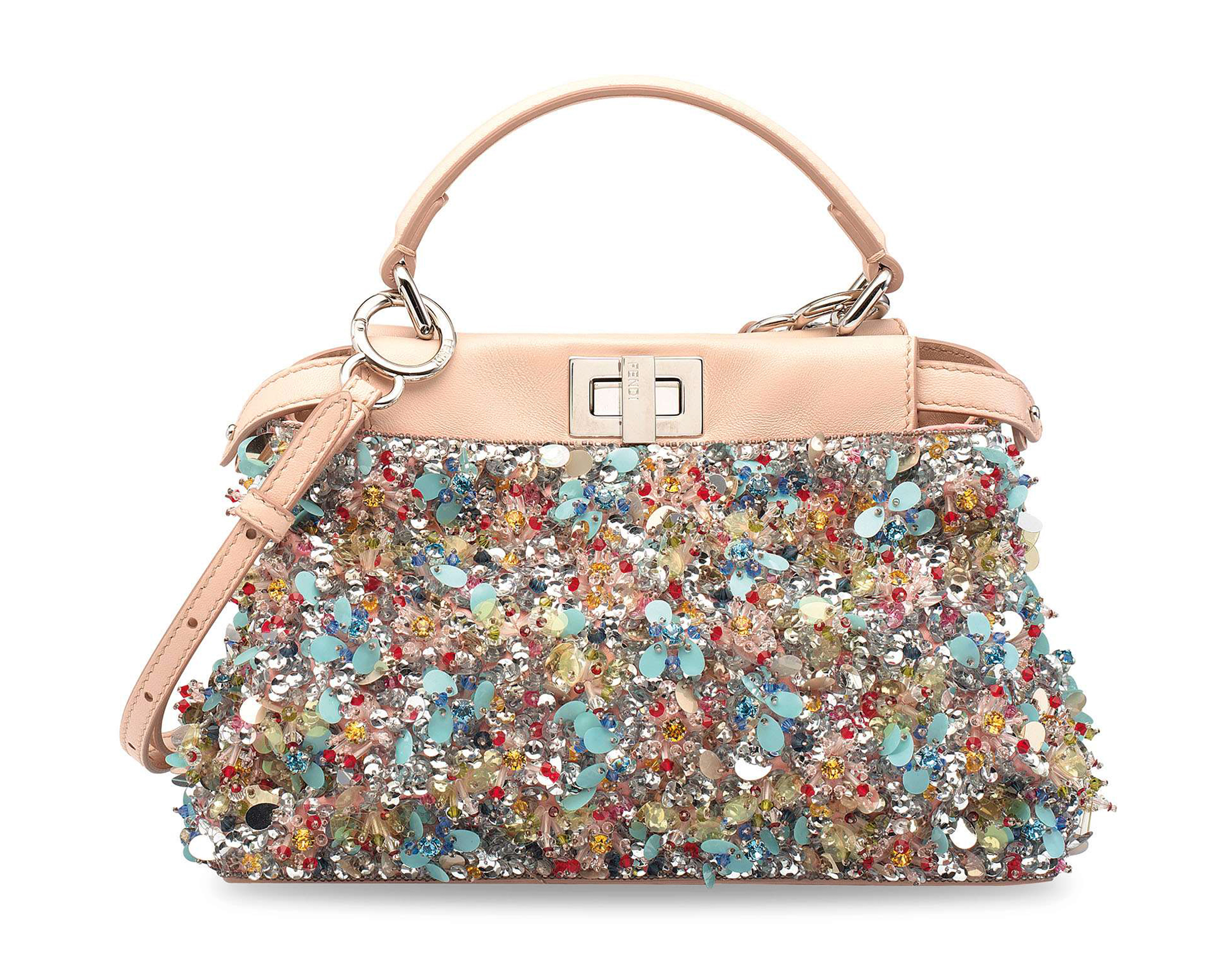 A MULTICOLOR FLORAL BEADED & CRYSTAL MINI PEEKABOO WITH SILVER HARDWARE ...