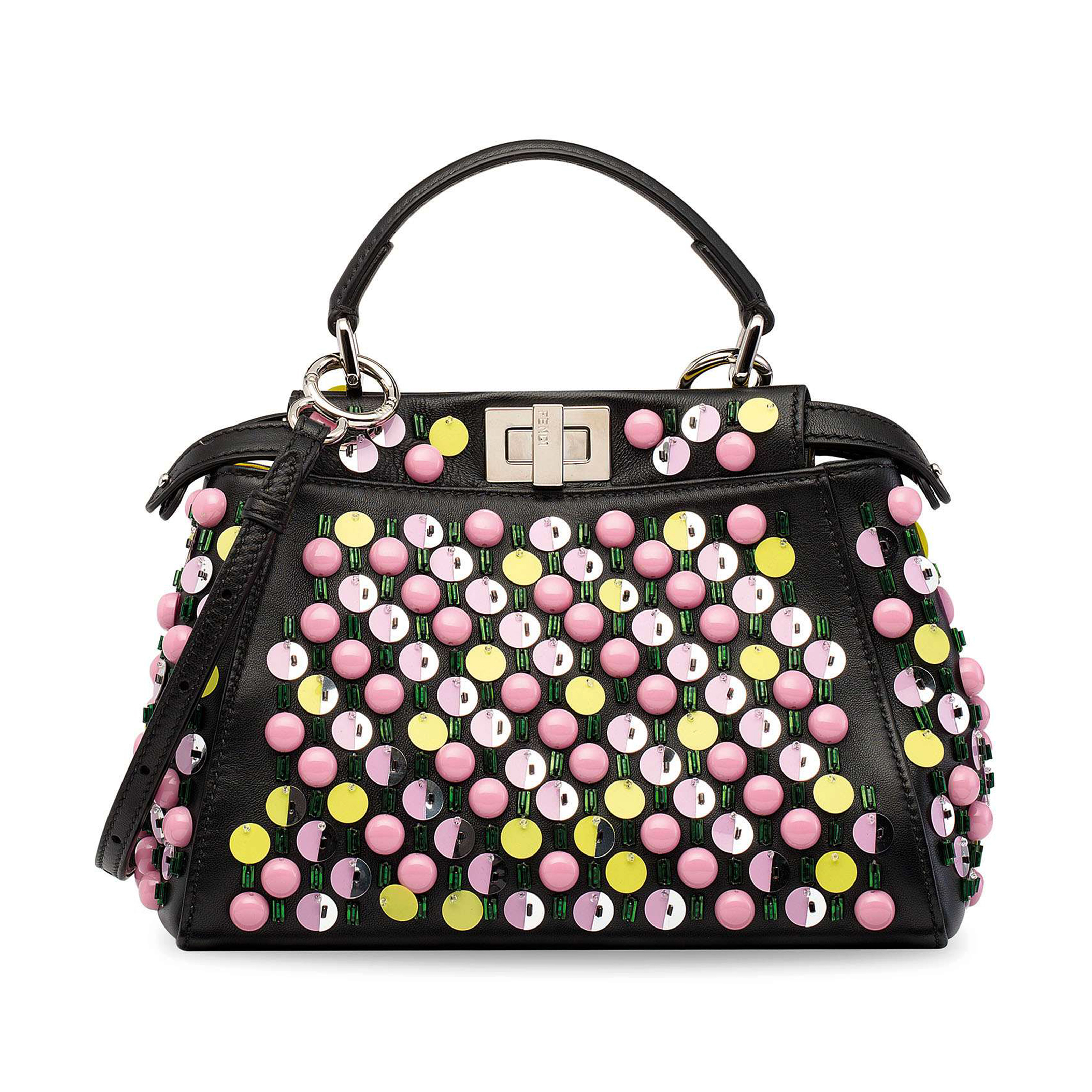 A BLACK, PINK & YELLOW BEADED & CRYSTAL MINI PEEKABOO WITH SILVER ...