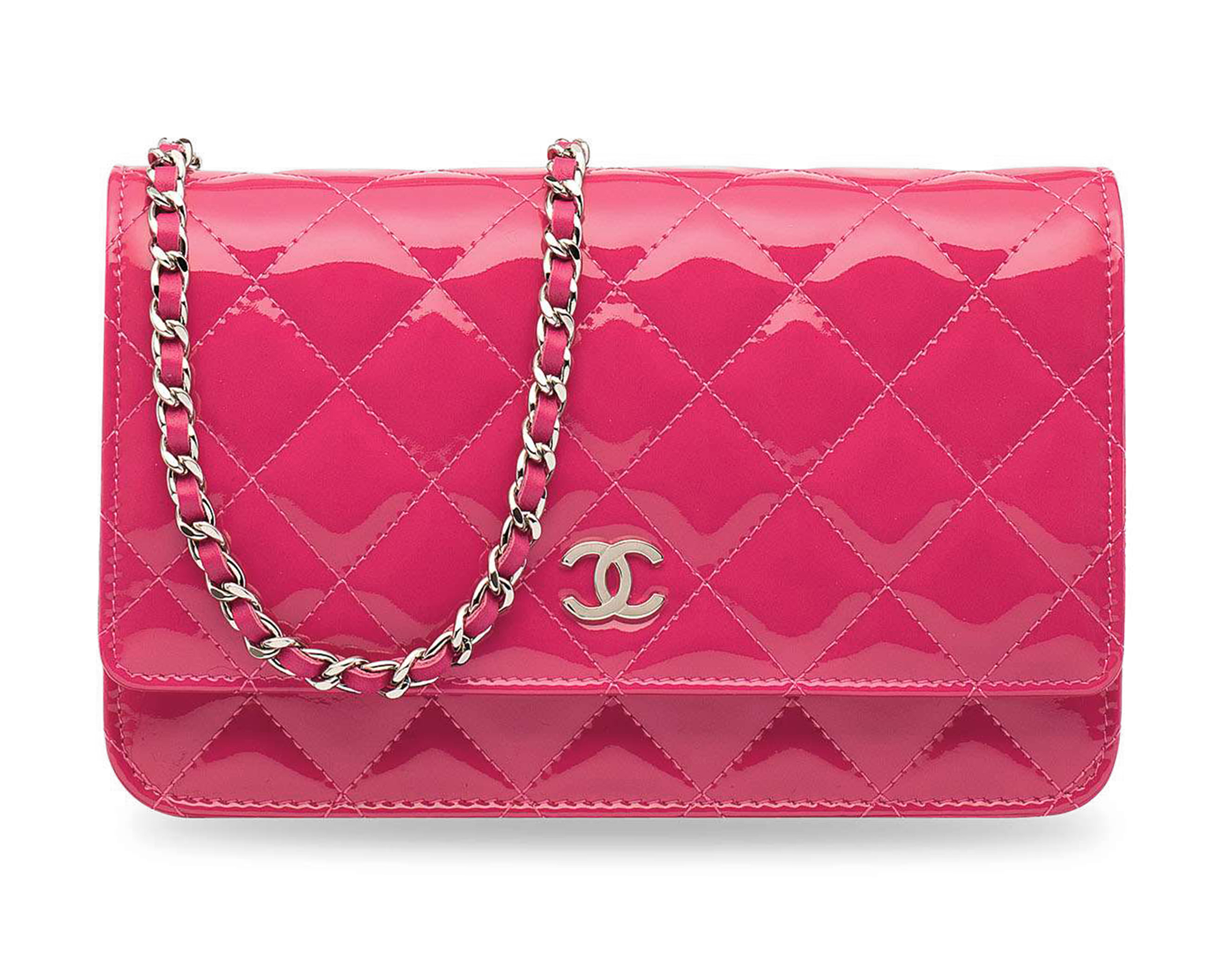 A PINK PATENT LEATHER WALLET ON CHAIN WITH SILVER HARDWARE, CHANEL ...