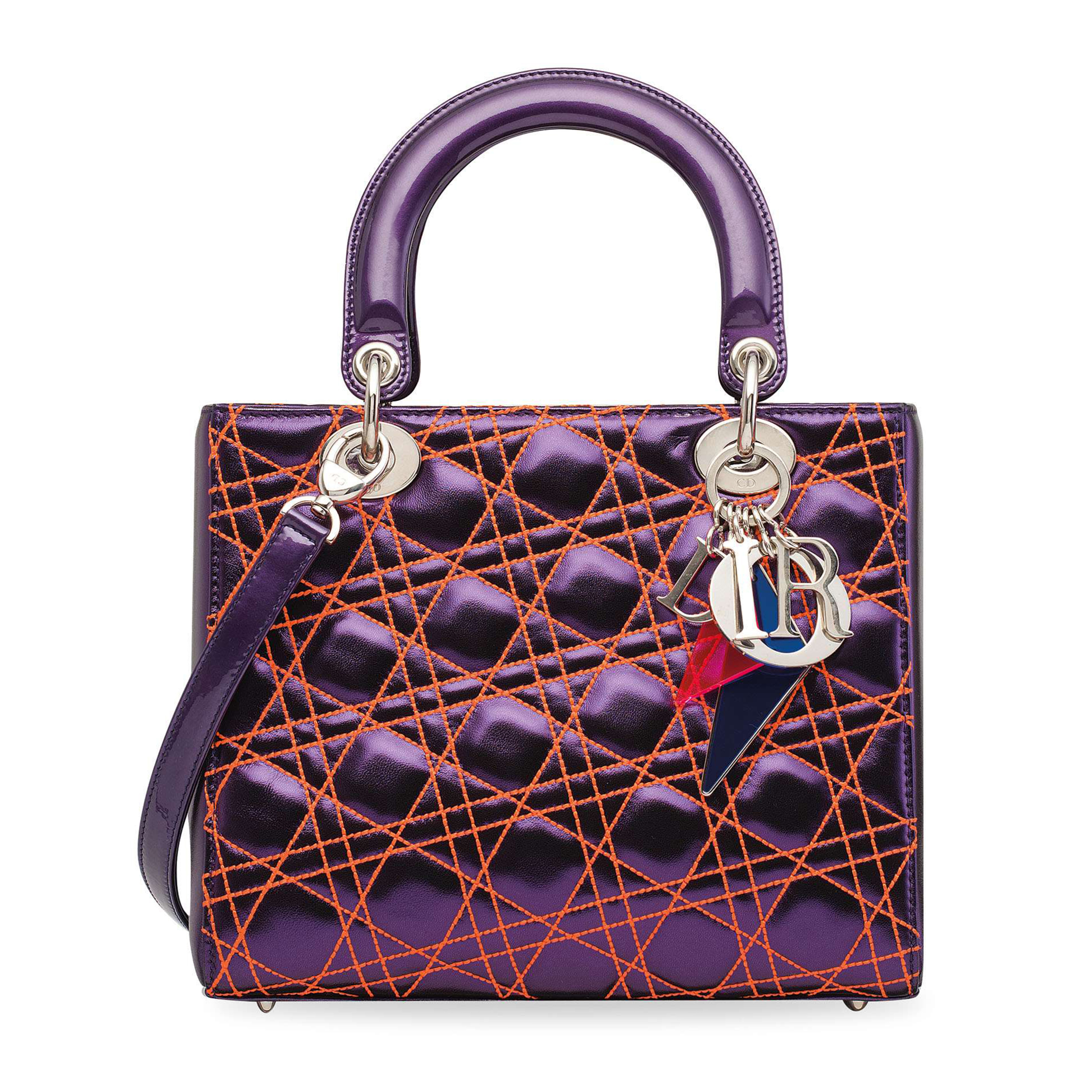 A PURPLE METALIC LAMBSKIN LEATHER MEDIUM LADY DIOR WITH SILVER HARDWARE ...