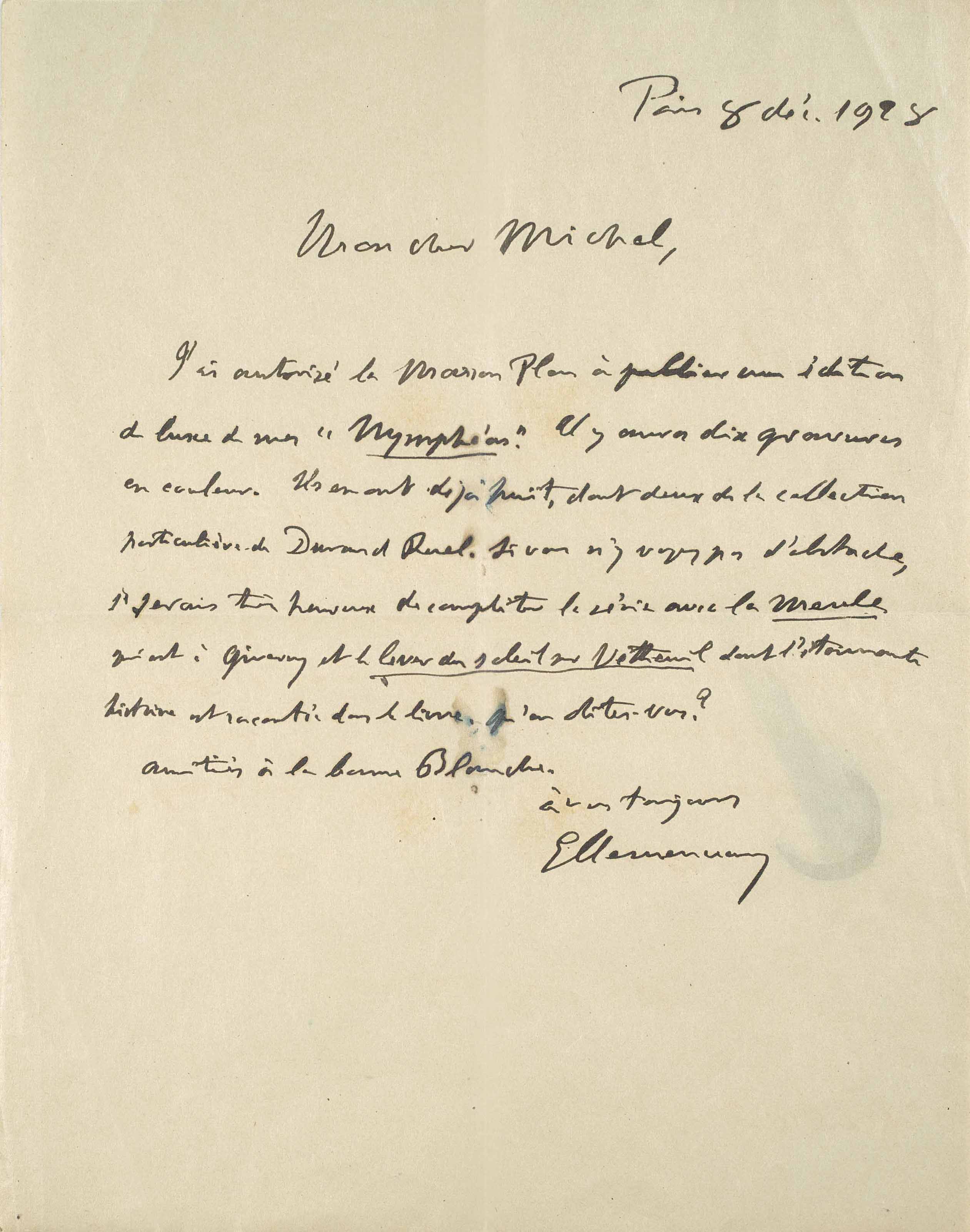 Autograph letter signed (‘GClemenceau’) to ‘Michel ‘ [Monet], Paris, 8 ...