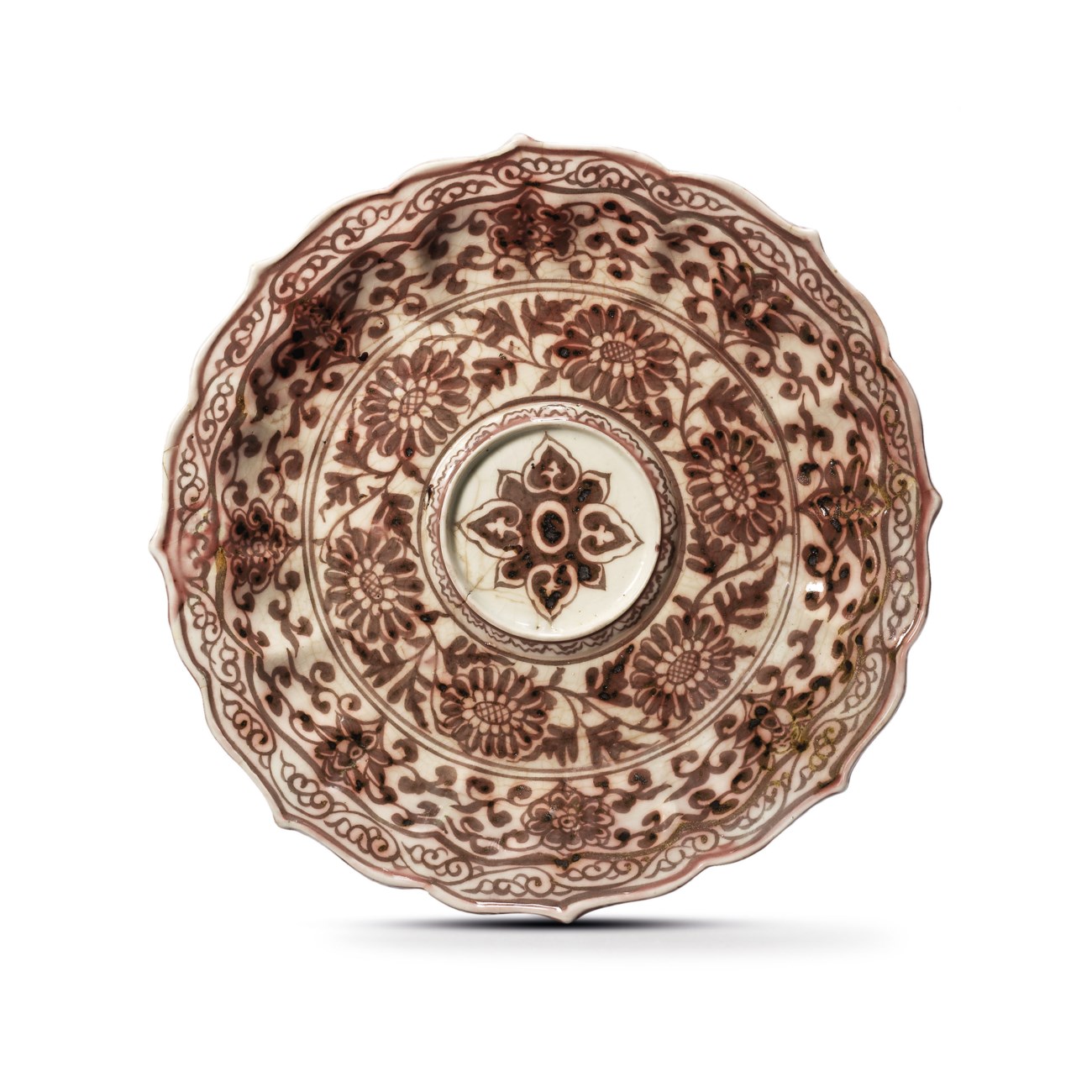 A RARE COPPER-RED DECORATED BRACKET-LOBED CUP STAND, HONGWU PERIOD ...