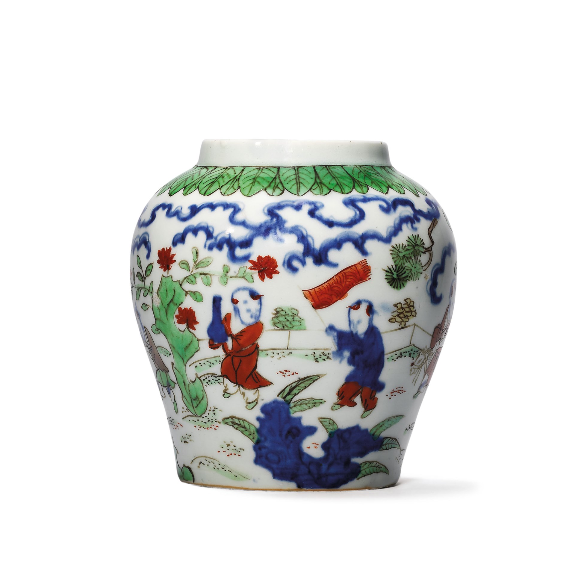 A VERY RARE WUCAI ‘BOYS’ JAR, JIAJING SIX-CHARACTER MARK IN UNDERGLAZE ...