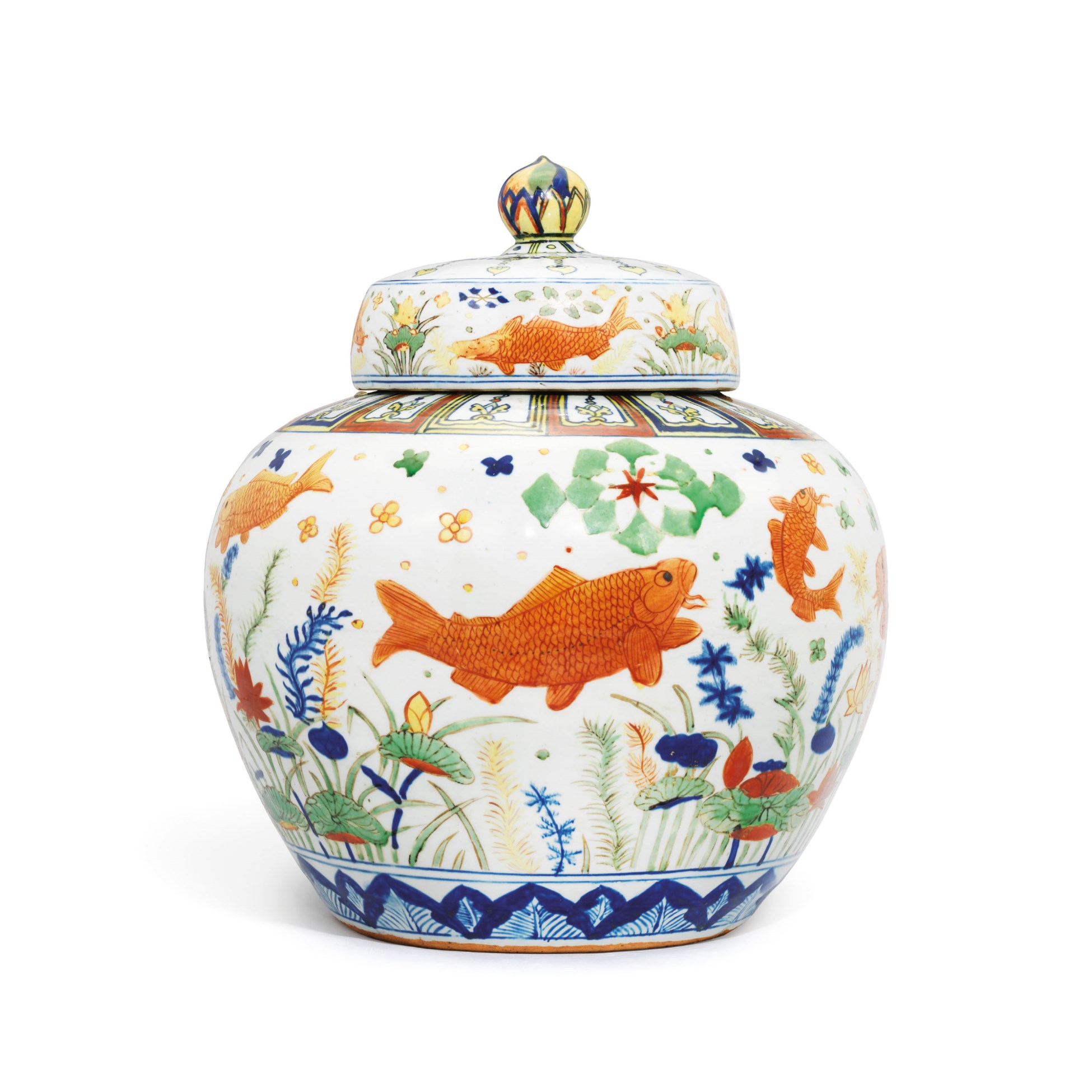 A HIGHLY IMPORTANT AND EXTREMELY RARE WUCAI ‘FISH’ JAR AND COVER ...
