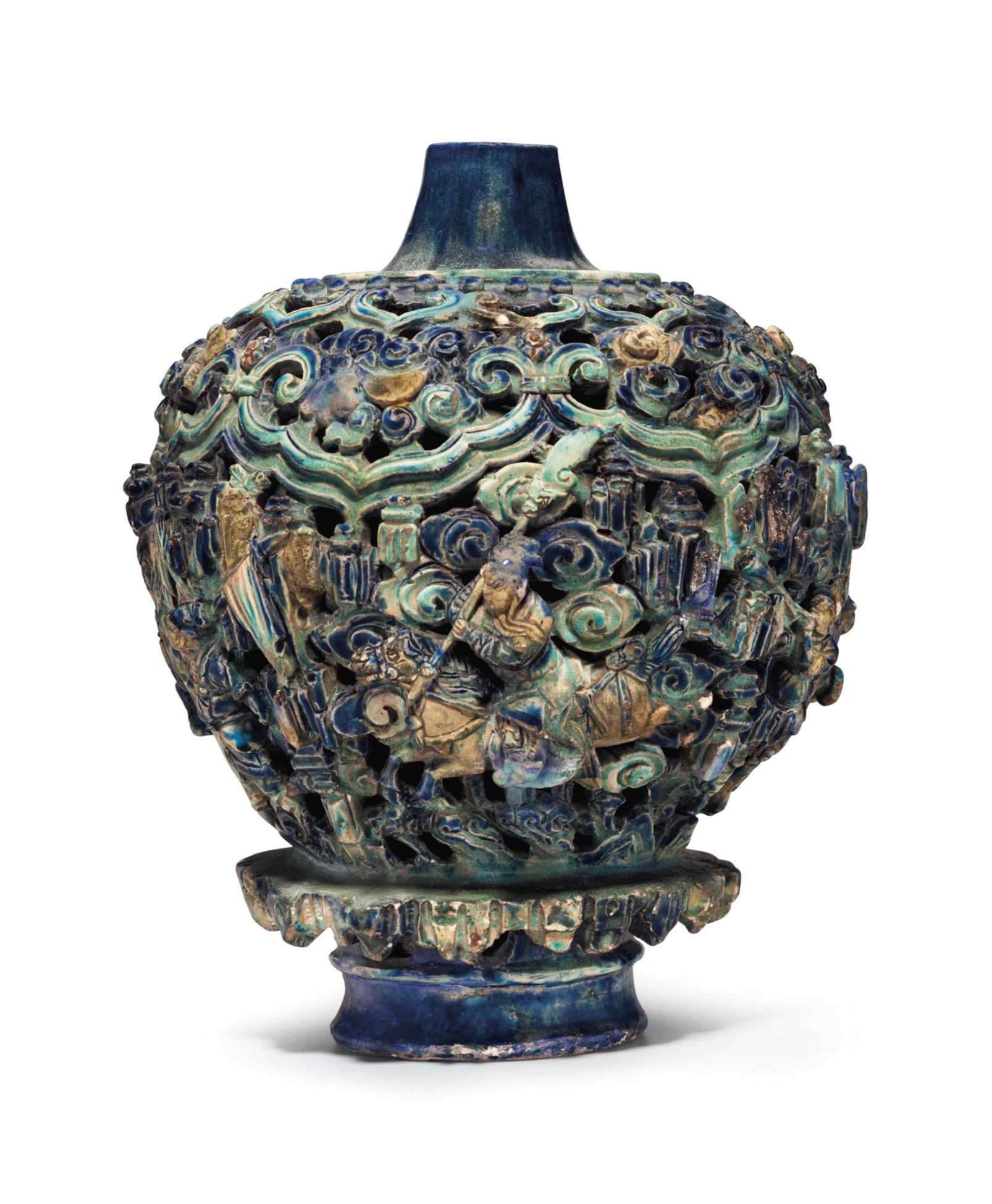 A RARE HEAVILY-POTTED RETICULATED FAHUA JAR, MING DYNASTY (1368-1644 ...