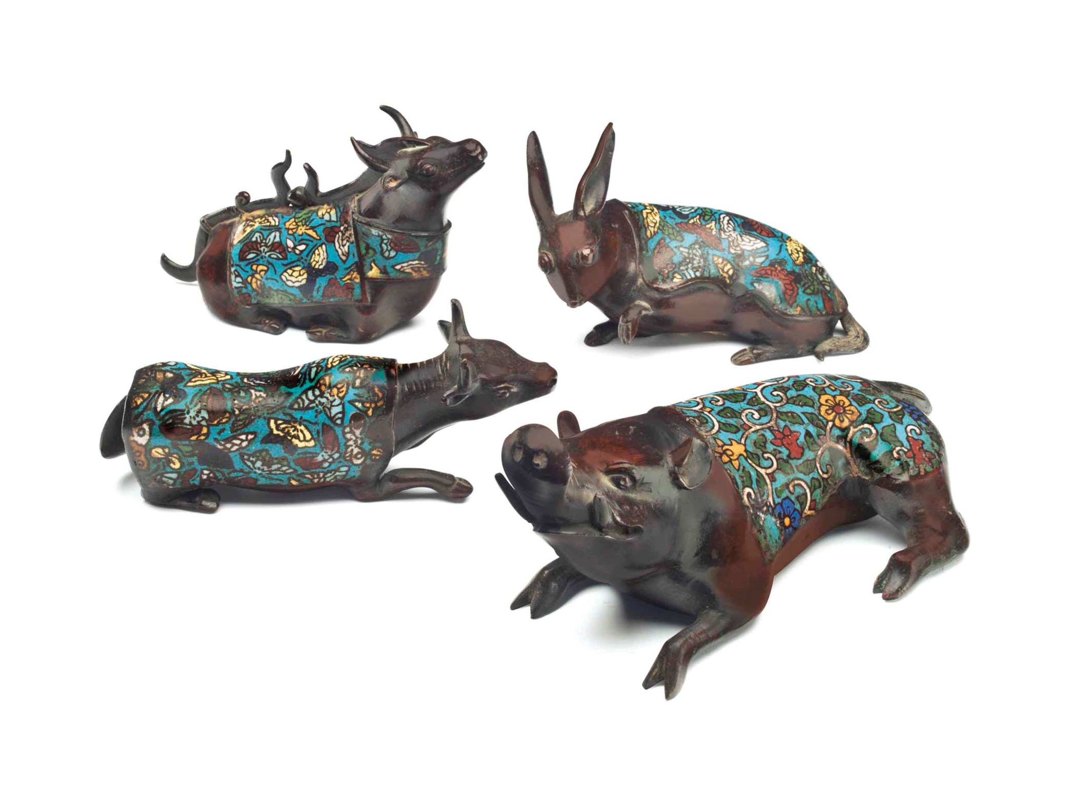FOUR ASIAN CLOISONNE ENAMEL AND BRONZE MODELS OF ANIMALS, 19TH/20TH ...
