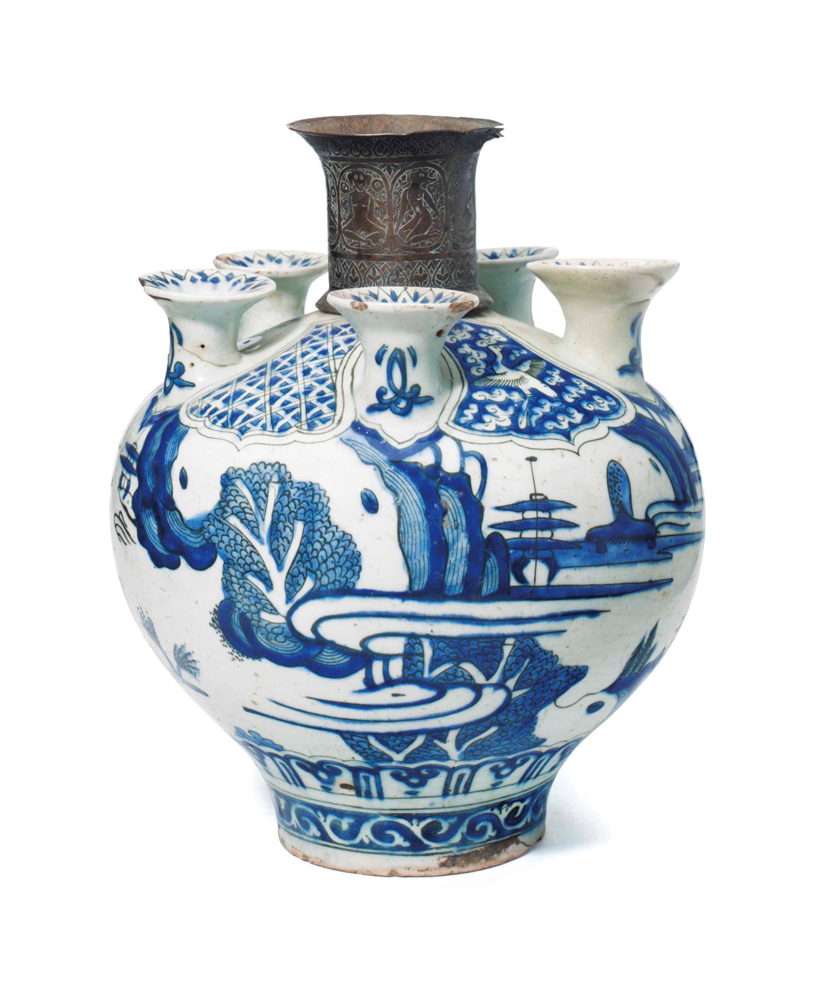 A METAL-MOUNTED PERSIAN BLUE AND WHITE VASE, THE PORCELAIN FIRST HALF ...