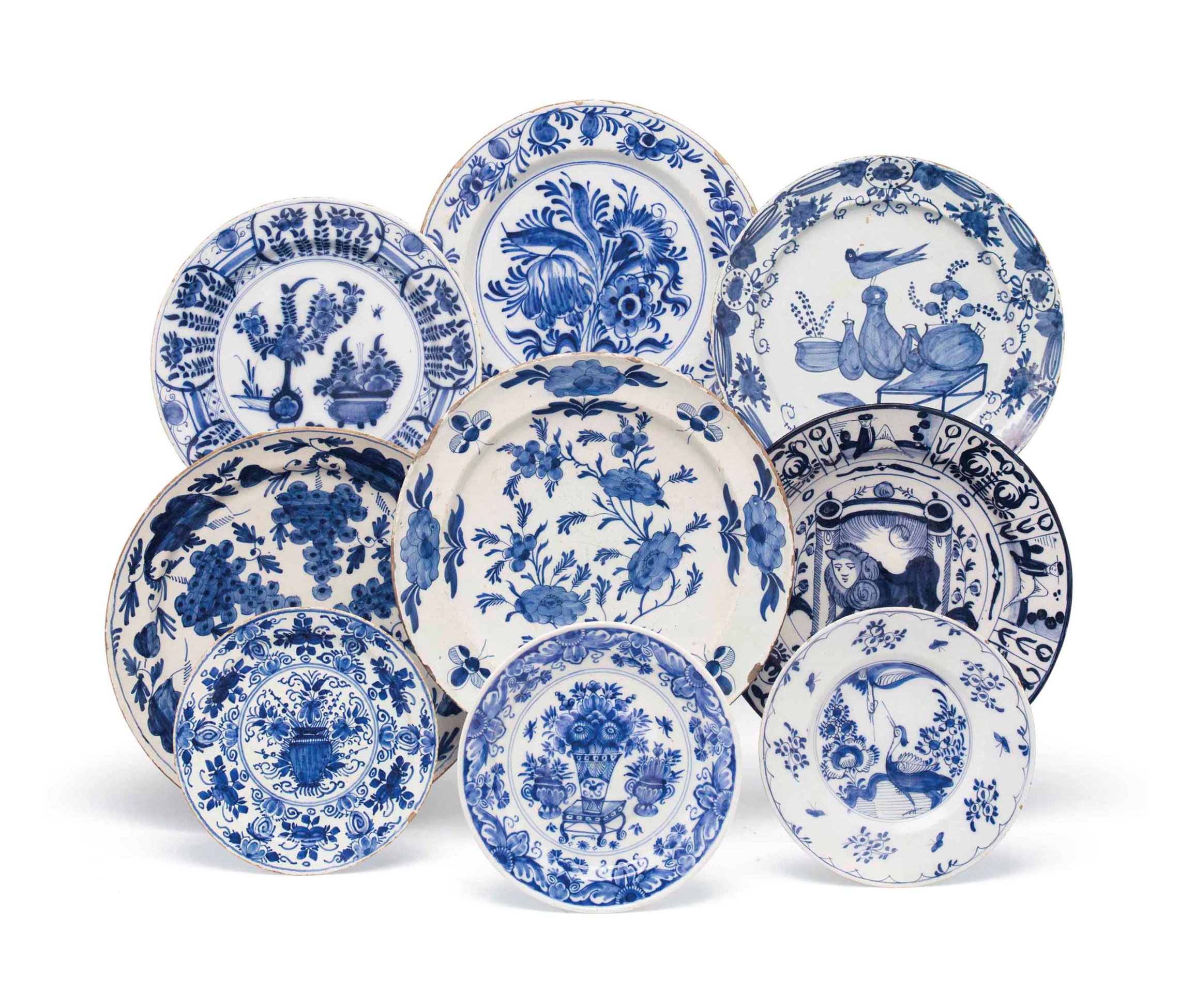 A GROUP OF NINE DUTCH DELFT BLUE AND WHITE DISHES, 18TH CENTURY, BLUE ...