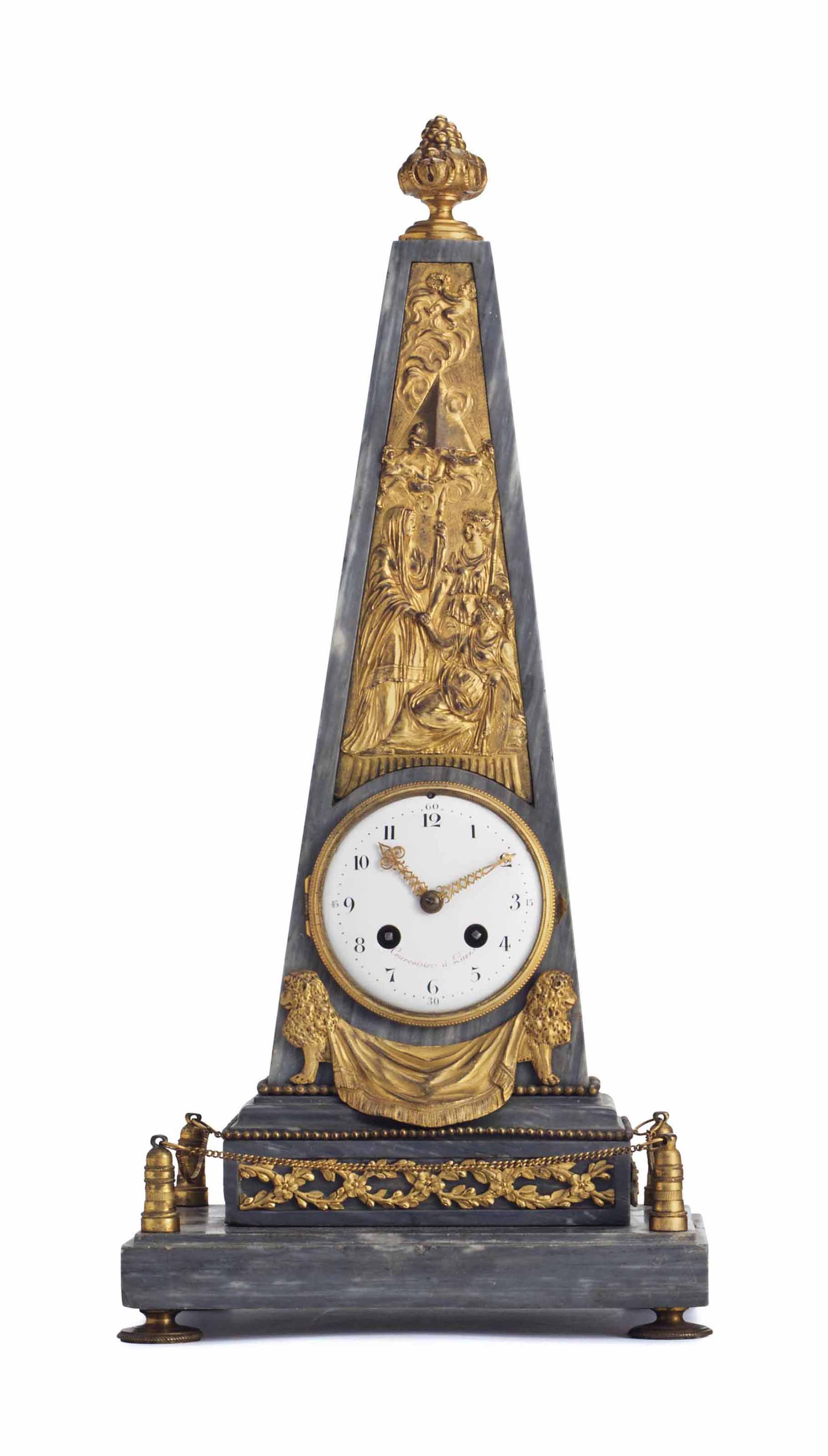 A LOUIS XVI GREY MARBLE AND ORMOLU MOUNTED OBELISK-FORM CLOC ...
