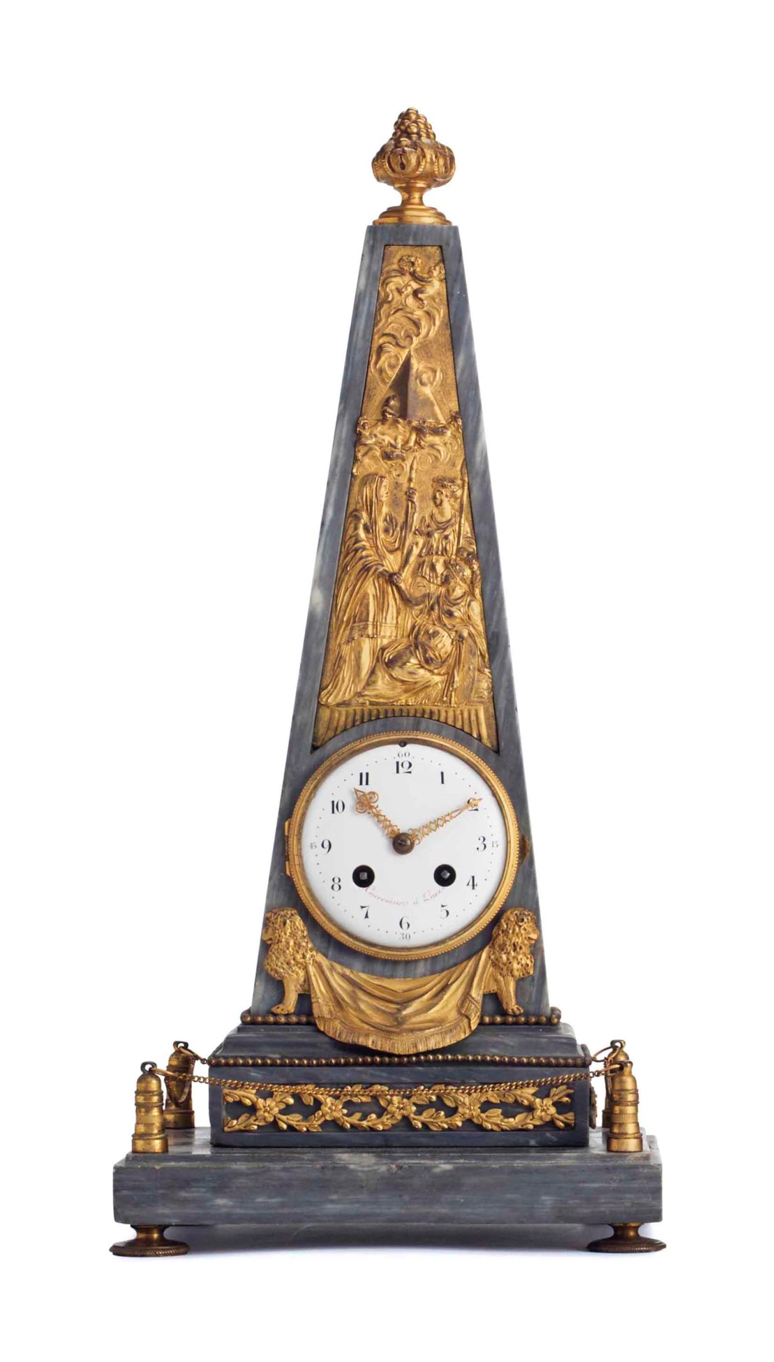 A LOUIS XVI GREY MARBLE AND ORMOLU MOUNTED OBELISK-FORM CLOCK, CIRCA ...