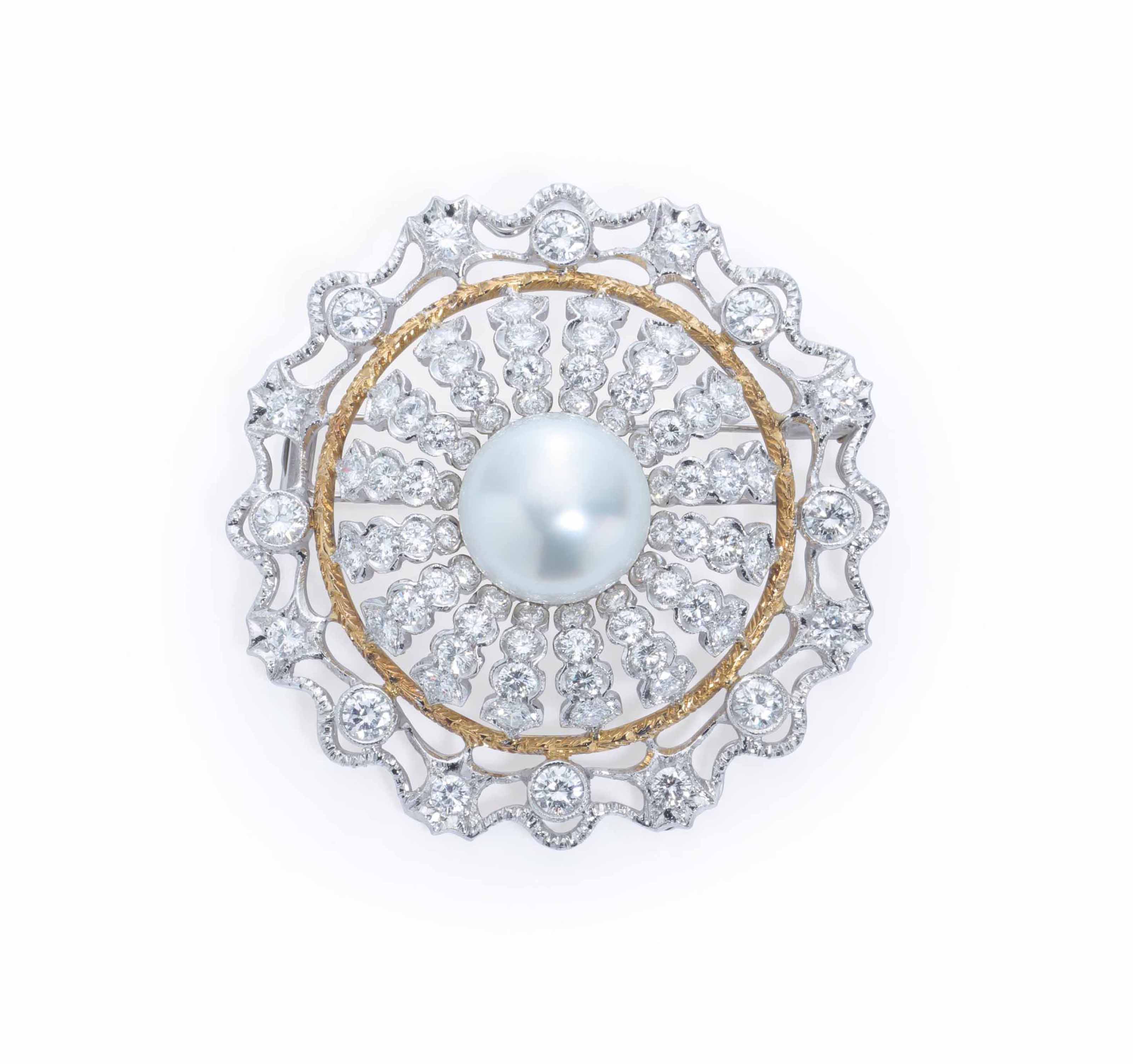 A LARGE PEARL AND DIAMOND BROOCH