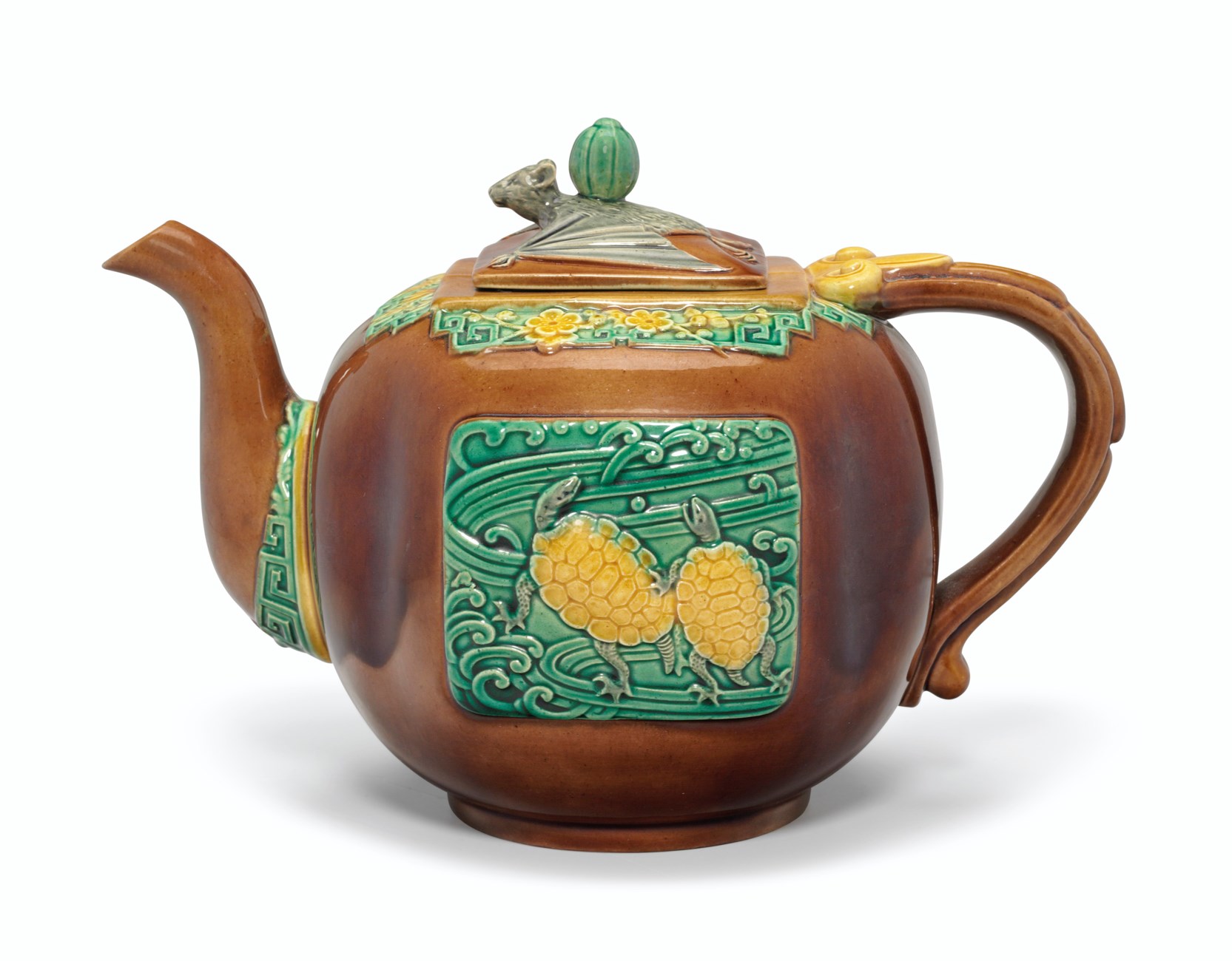 A MINTONS MAJOLICA TEAPOT AND COVER, DATE CYPHER FOR 1879, IMPRESSED ...