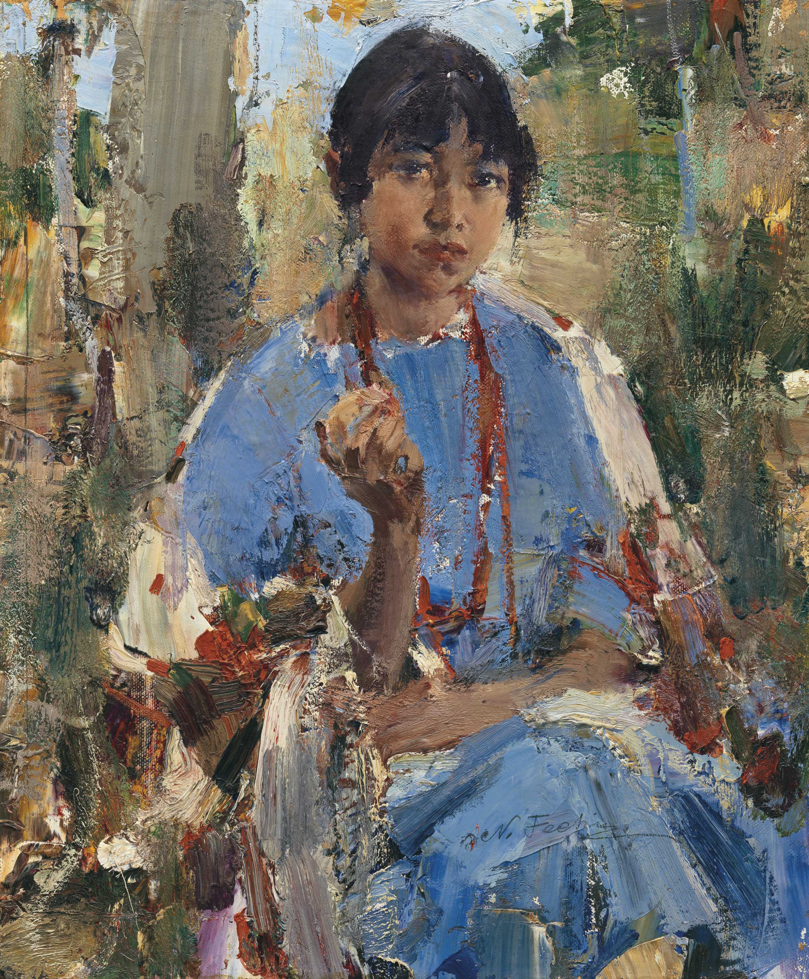 Nicolai Fechin (1881-1955) , Indian Girl in Blue Dress | Christie's