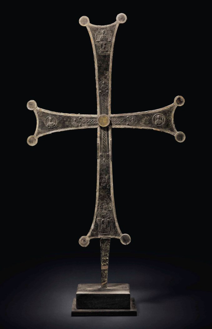 A BYZANTINE BRONZE, IRON AND GLASS PROCESSIONAL CROSS, CIRCA 7TH-11TH ...