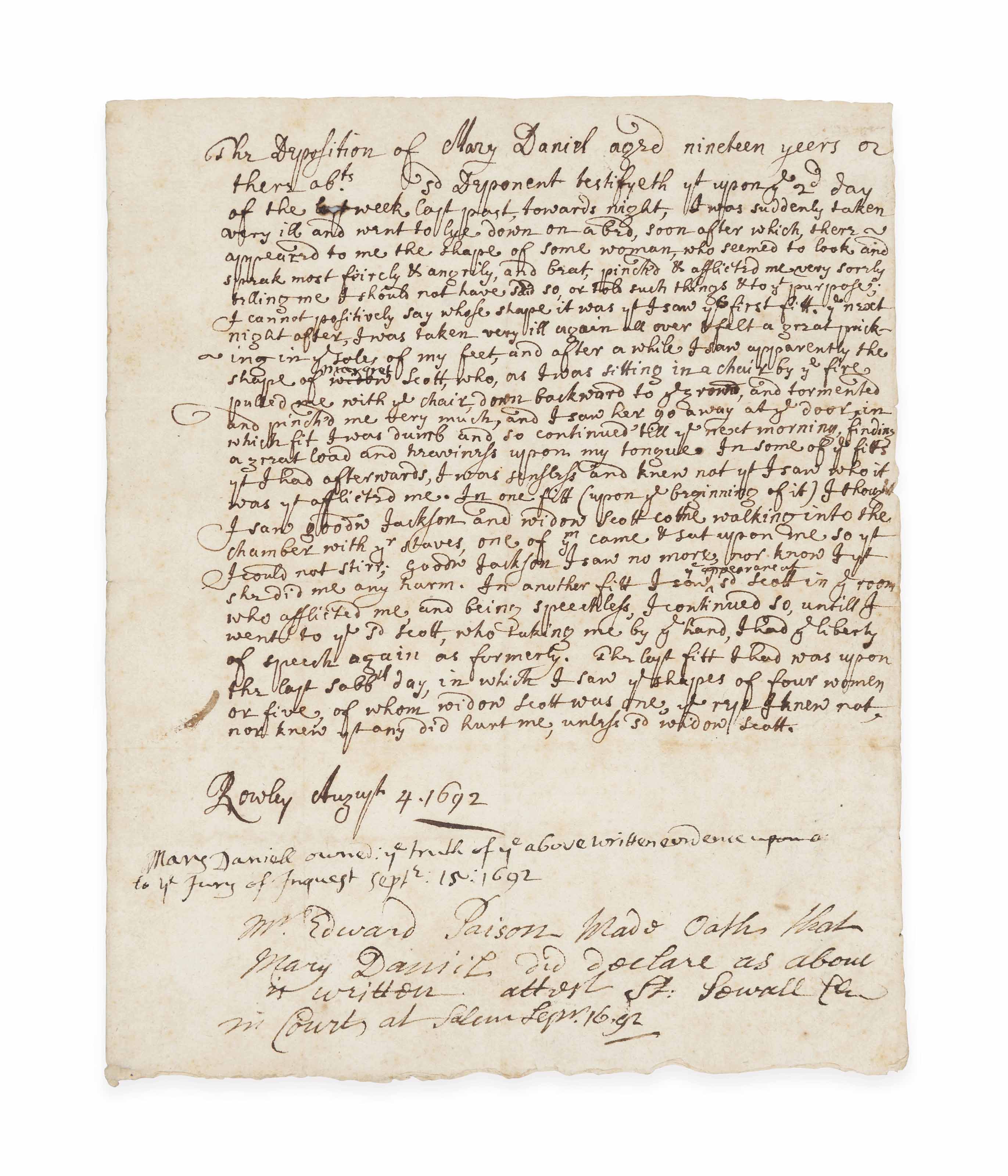 SALEM WITCH TRIALS – Manuscript Document, the deposition of Mary Daniel ...