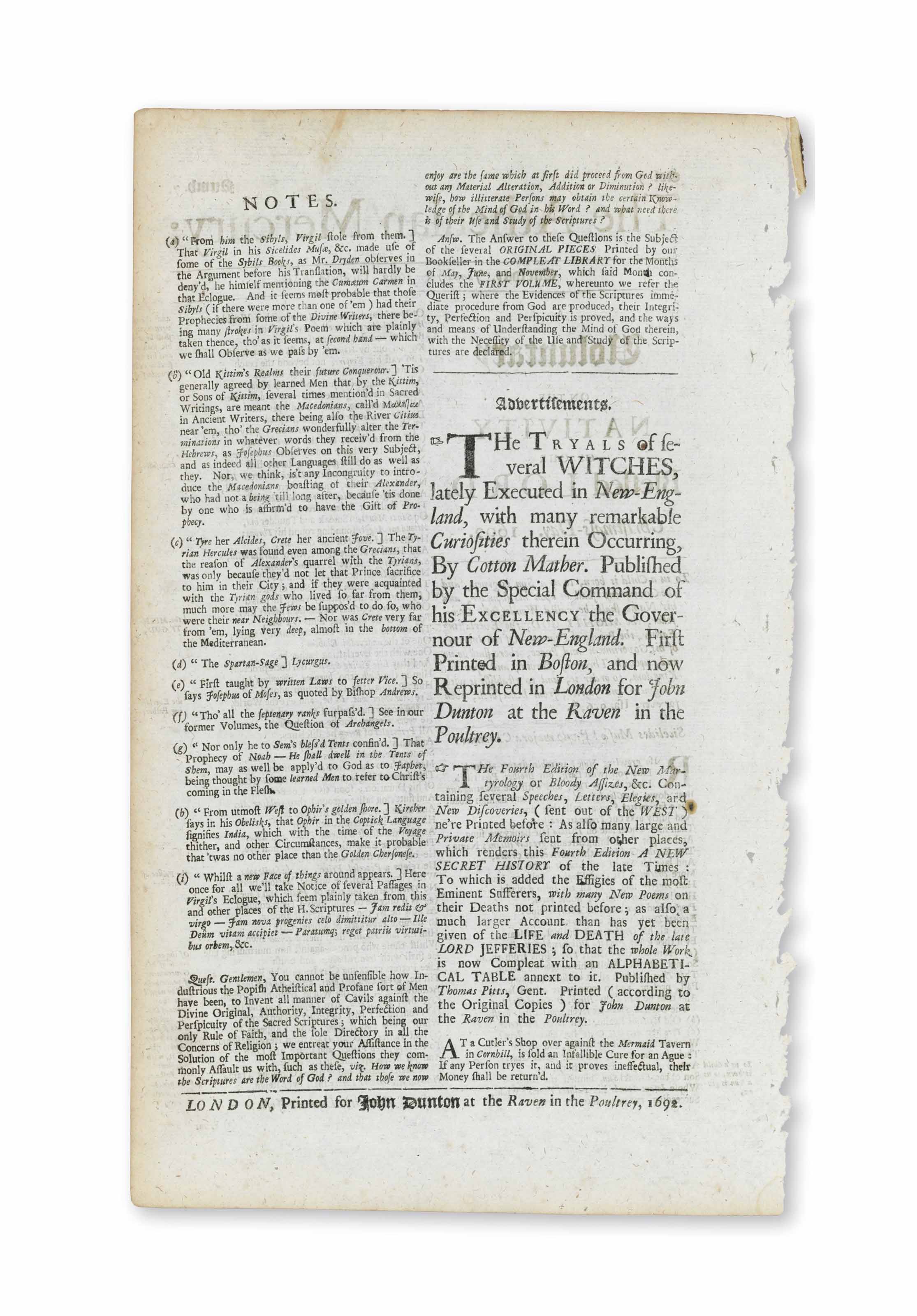SALEM WITCH TRIALS – The Athenian Mercury. London: John Dunton, 31 ...