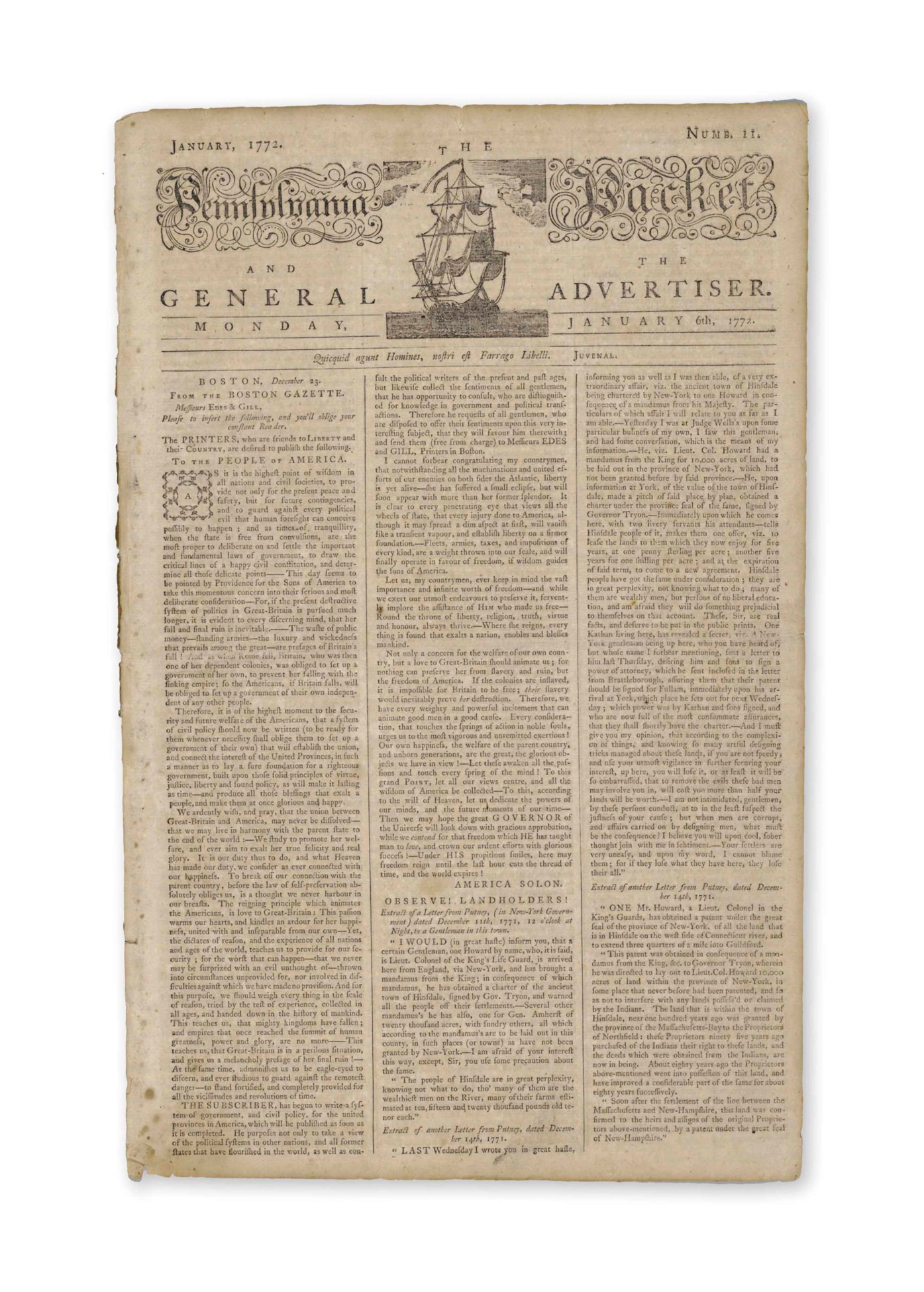 DUNLAP, John, printer. The Pennsylvania Packet and the General ...