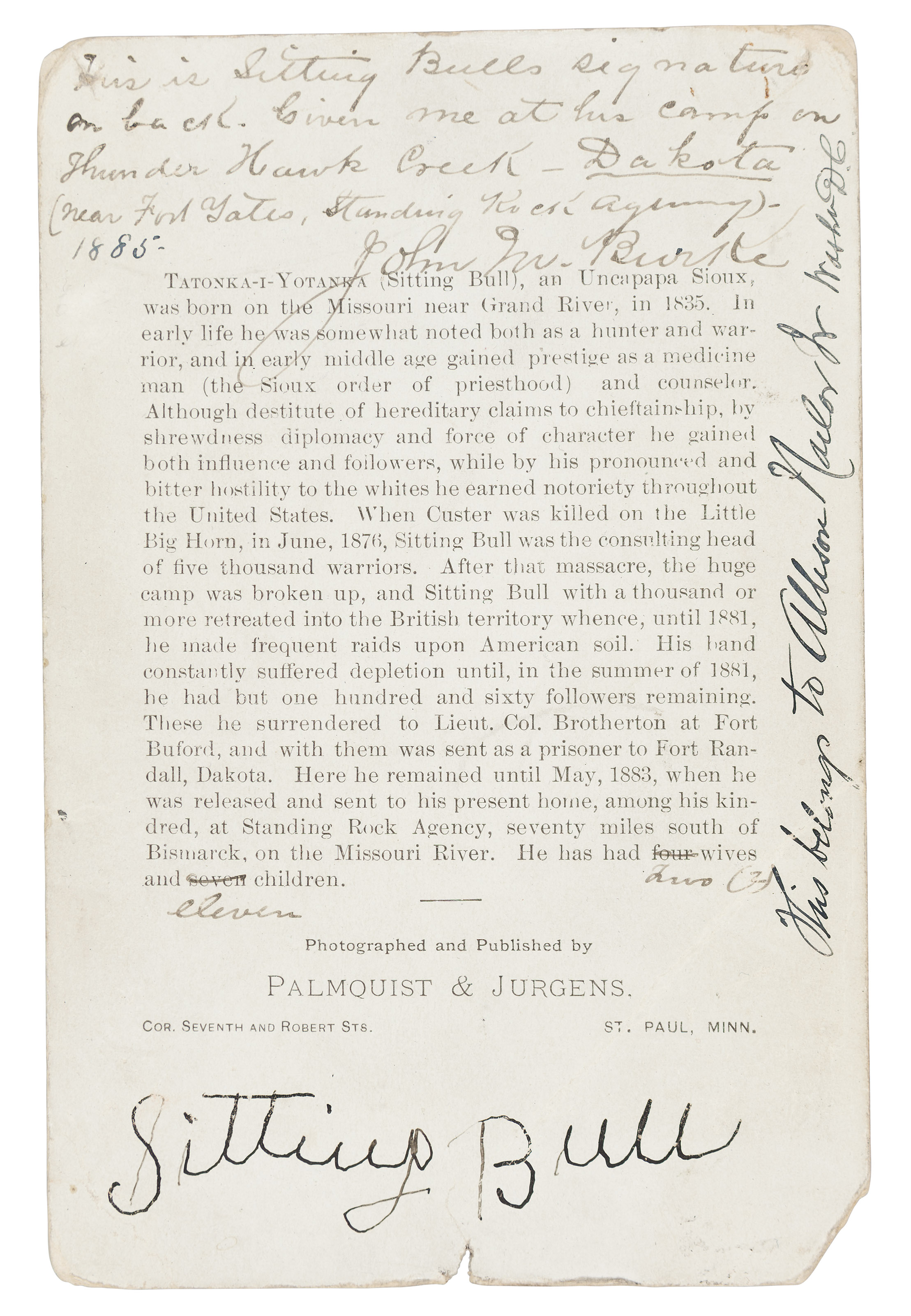 SITTING BULL (1831-1890) – Photograph, signed (“Sitting Bull”) on the ...