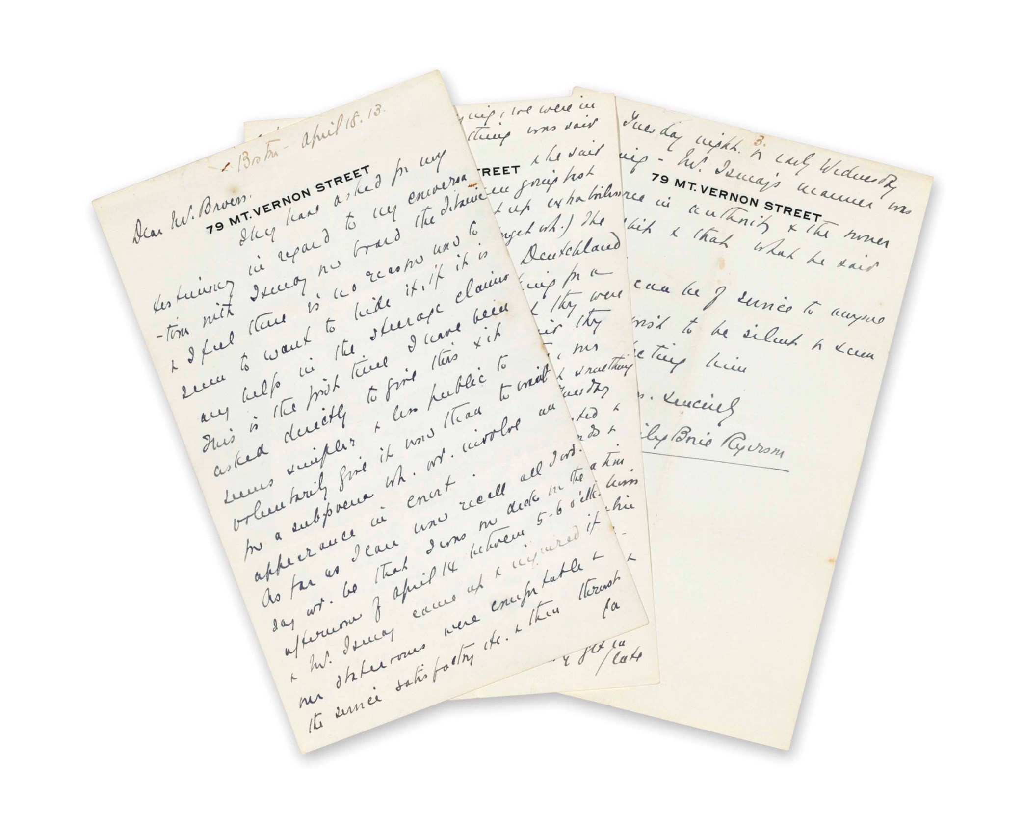 TITANIC – RYERSON, Emily Borie (1863-1939). Autograph Letter Signed ...