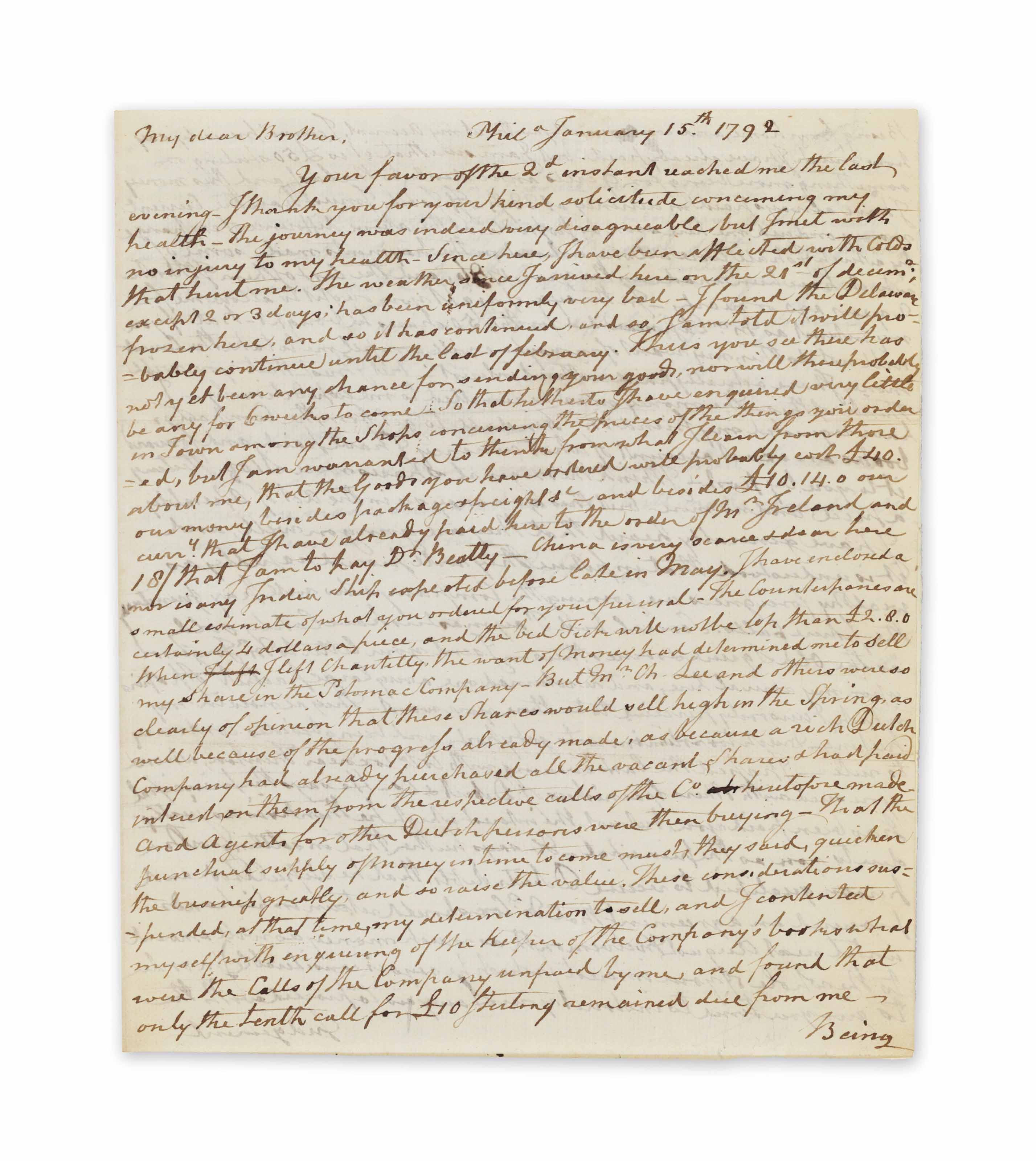 LEE, Richard Henry (1732-1794). Autograph letter signed (“Richard Henry ...