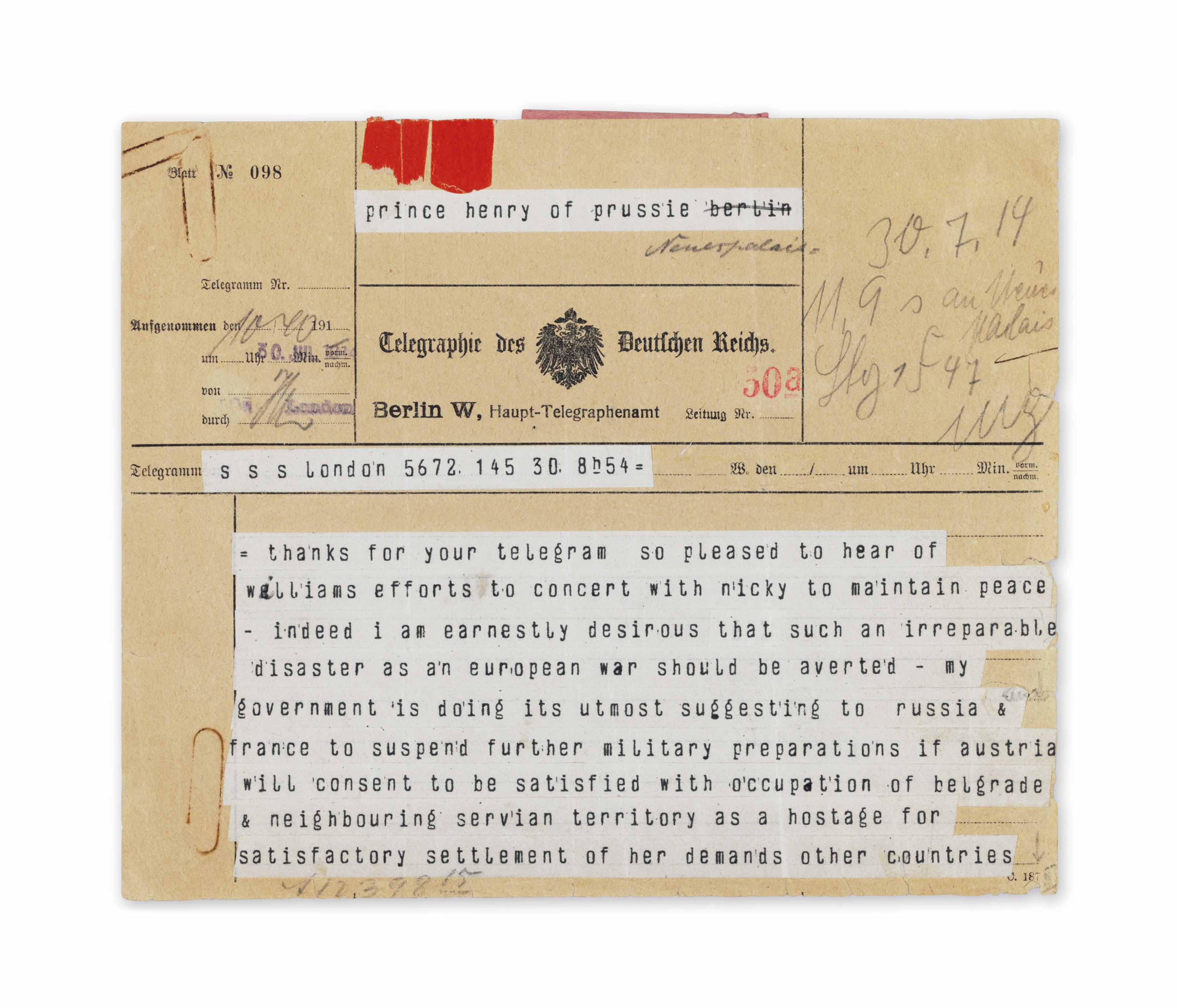 WORLD WAR I] GEORGE V (1865-1936)] Telegram, signed in prin ...