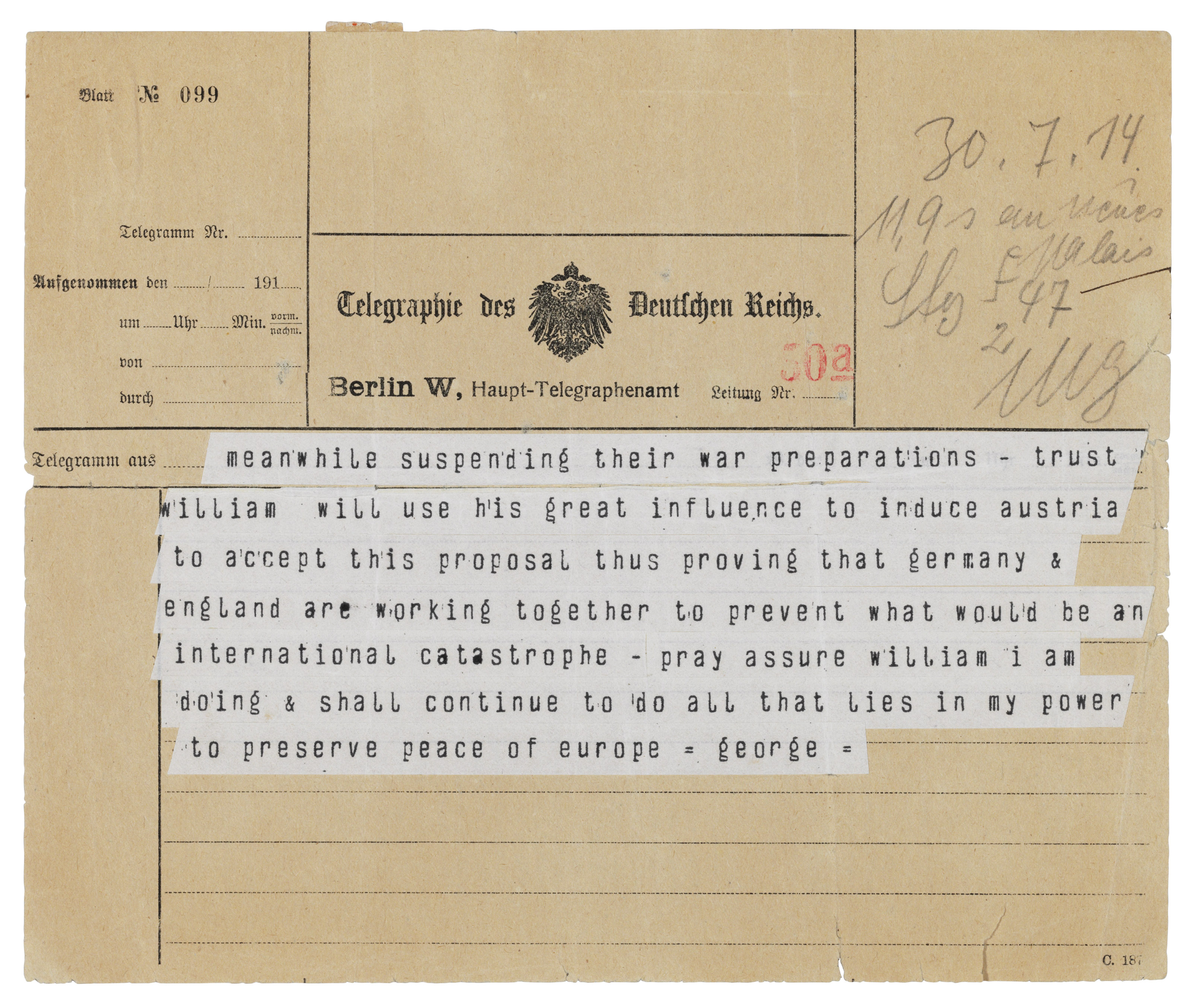 WORLD WAR I] GEORGE V (1865-1936)] Telegram, signed in prin ...