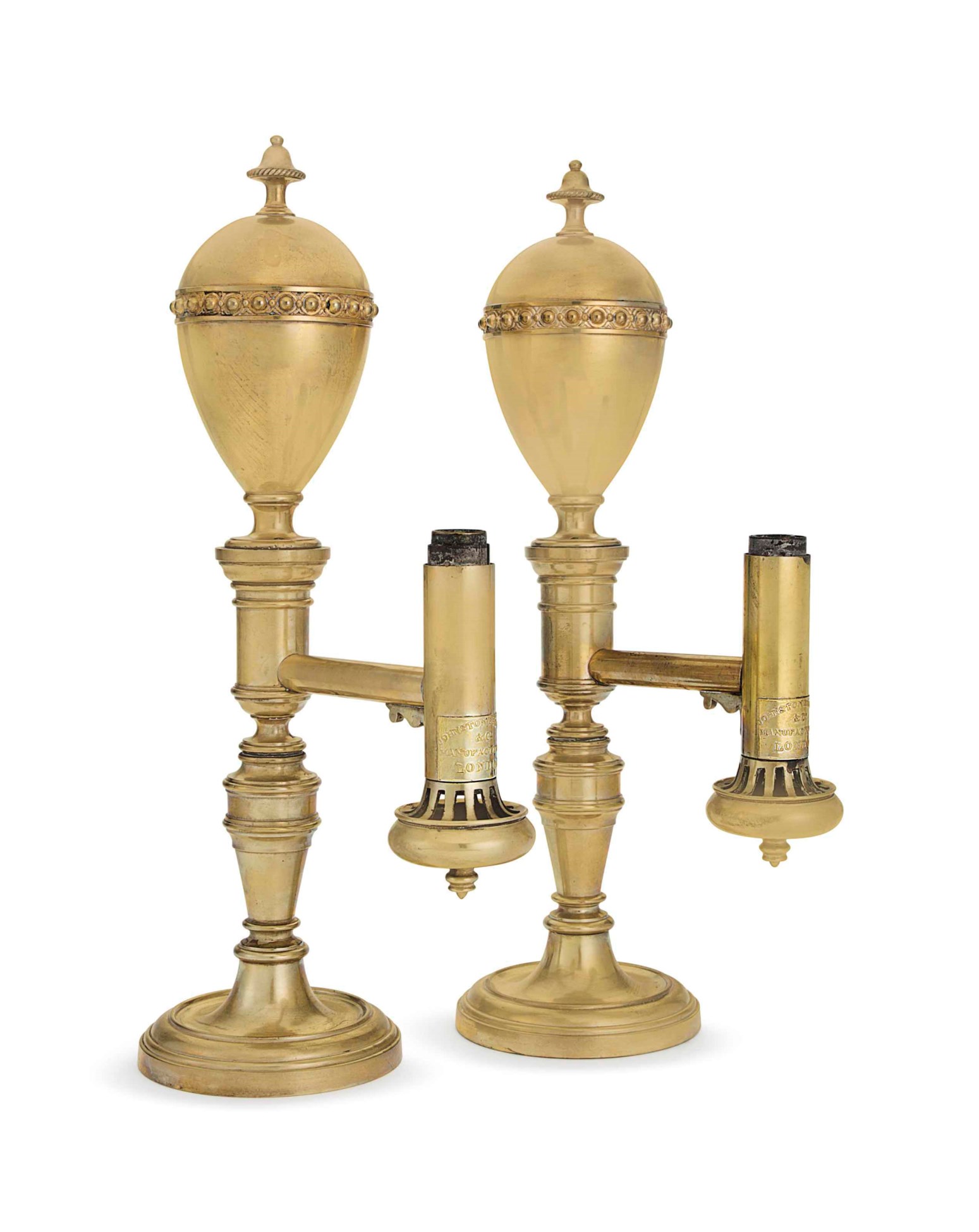 A PAIR OF GEORGE IV BRASS ARGAND LAMPS, BY JOHNSTON BROOKES & CO ...