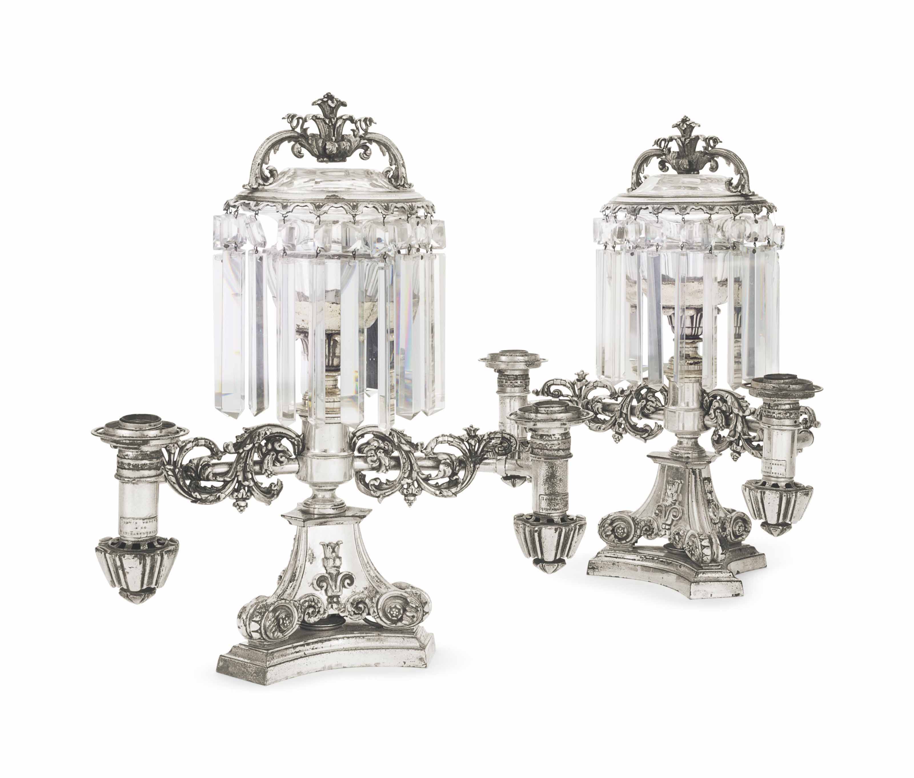 A PAIR OF SILVERED-METAL AND CUT-GLASS DOUBLE-ARM ARGAND LAMPS