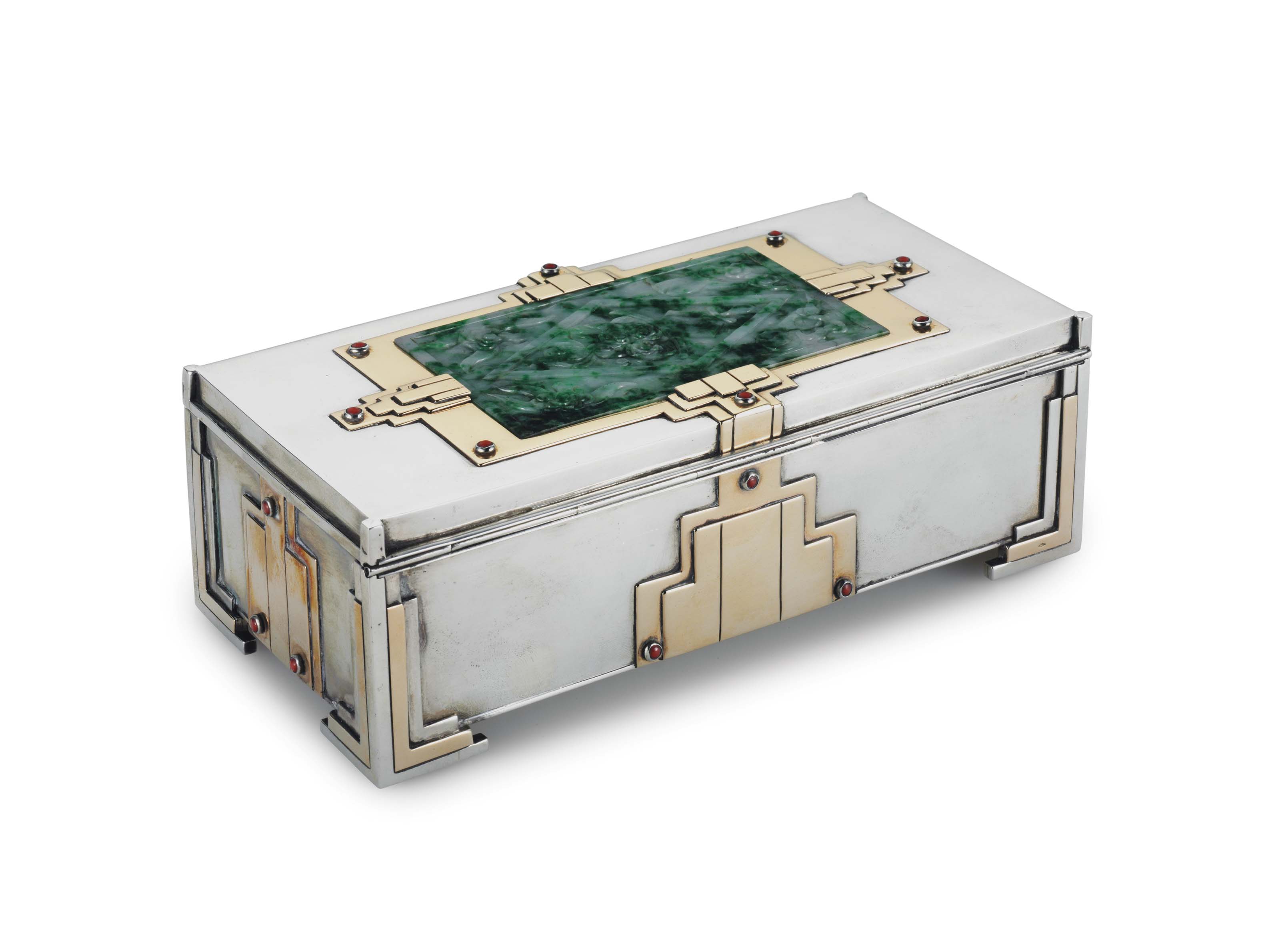 AN ART DECO LACQUER, MULTI-GEM, SILVER-GILT AND GOLD TABLE BOX, BY ...