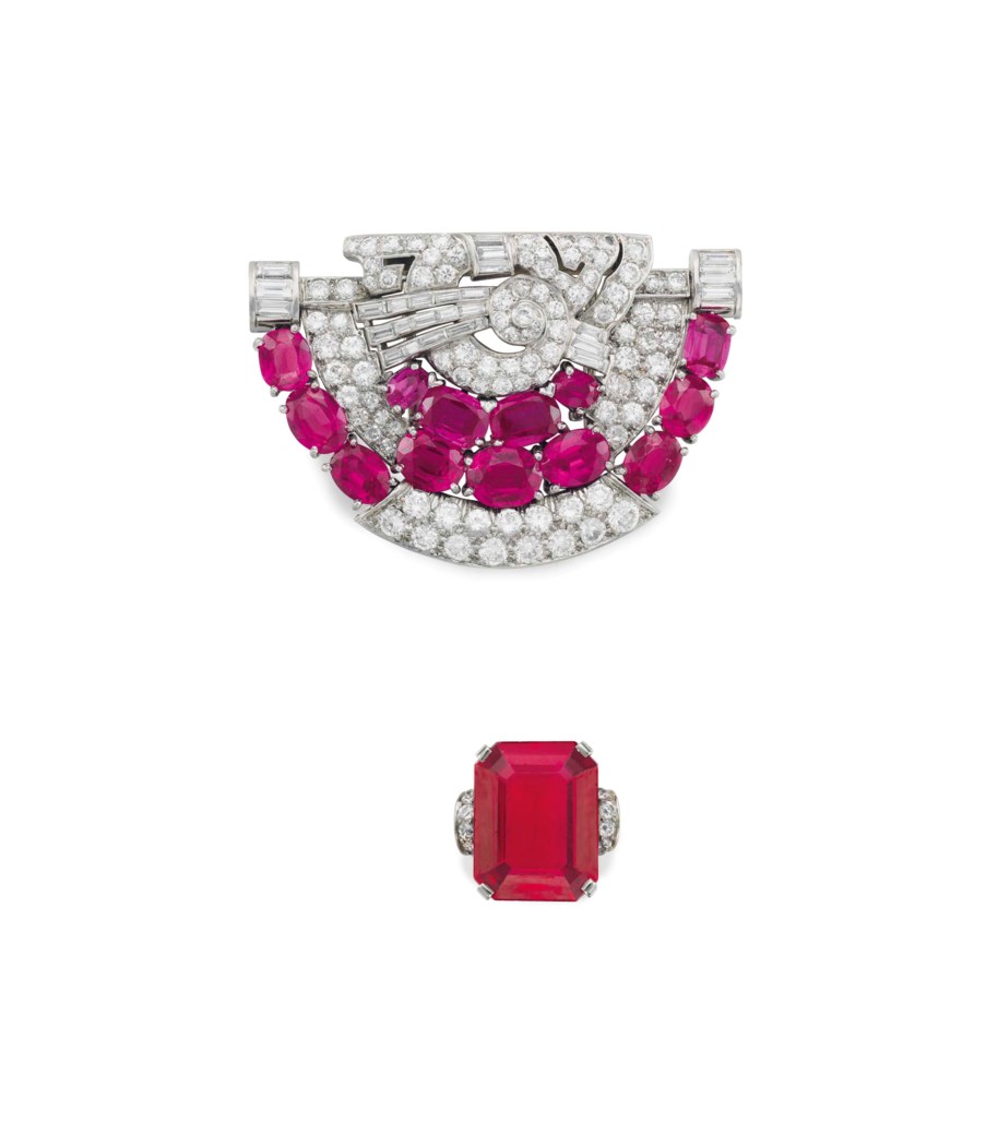 A GROUP OF SYNTHETIC RUBY AND DIAMOND JEWLERY, BY TRABERT & HOEFFER ...