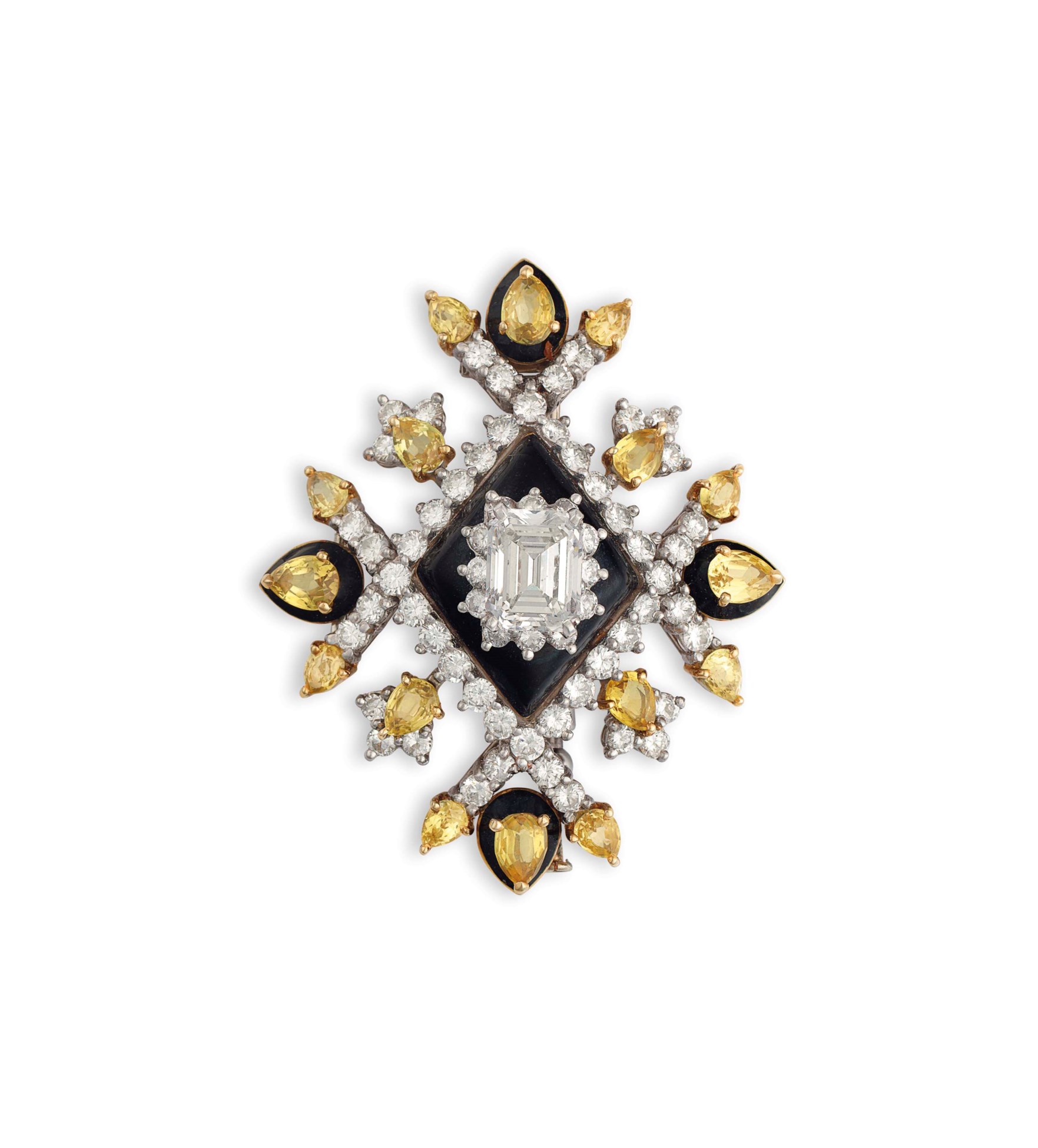 A DIAMOND, COLORED SAPPHIRE AND ENAMEL BROOCH, BY DONALD CLAFLIN ...