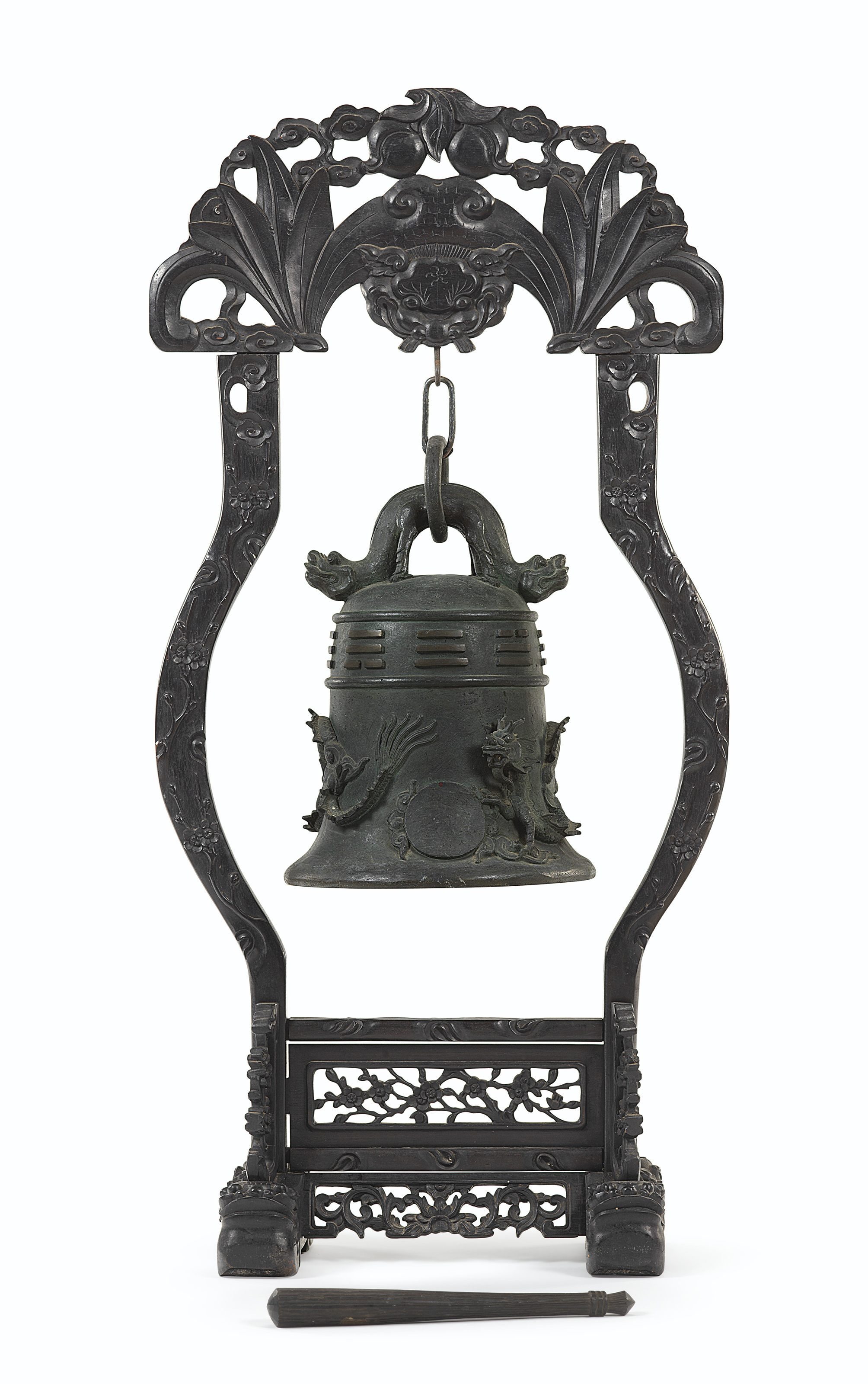 A CHINESE LARGE BRONZE BELL AND HUANGHUALI STAND
