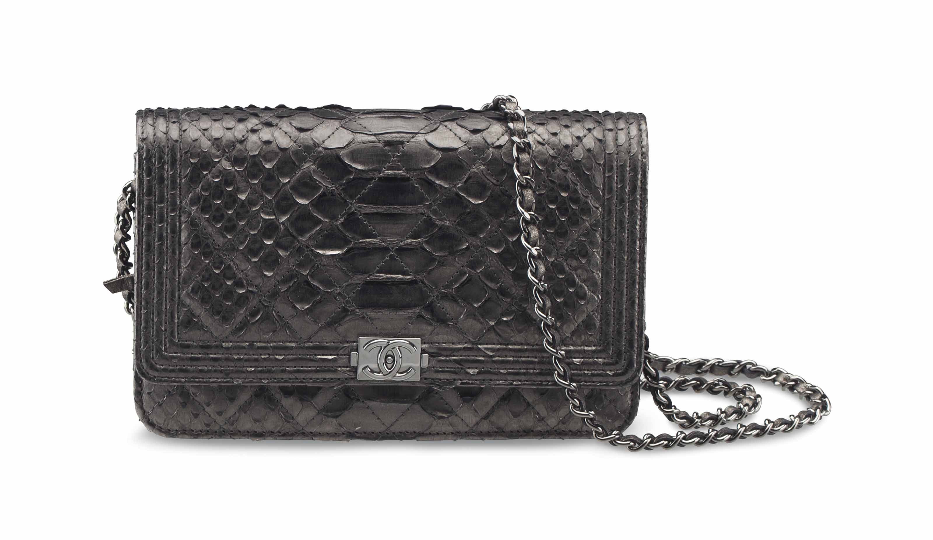 A DARK SILVER PYTHON BOY WALLET ON CHAIN BAG WITH GUNMETAL HARDWARE ...