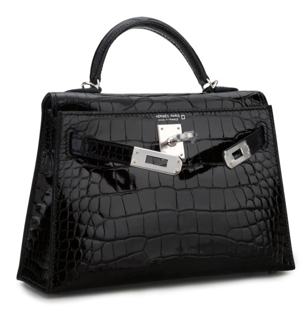 A SHINY BLACK ALLIGATOR SELLIER MINI KELLY 20 II WITH PALLADIUM ...