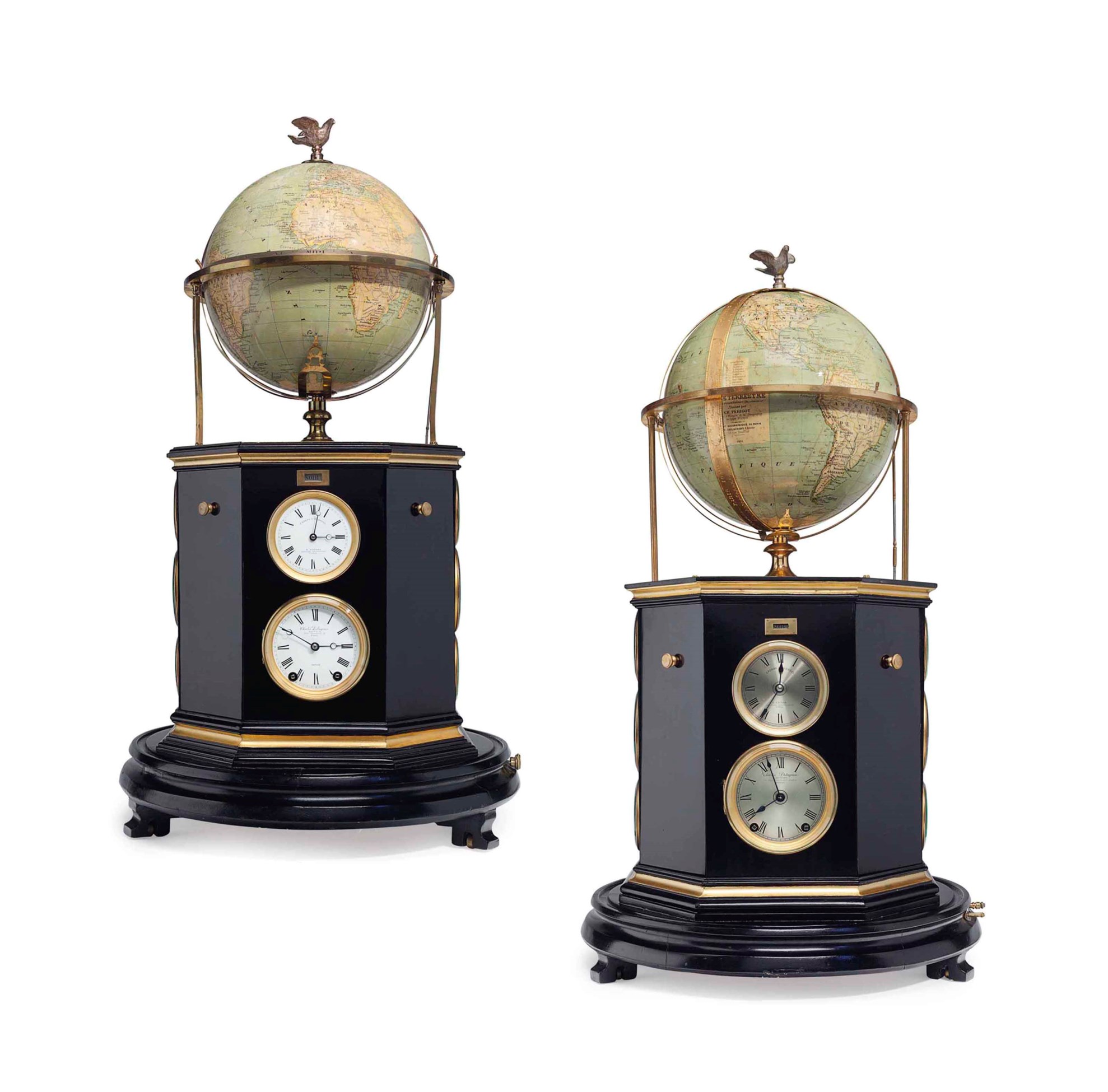 A NEAR PAIR OF FRENCH ORMOLU-MOUNTED EBONIZED STRIKING TERRESTRIAL ...