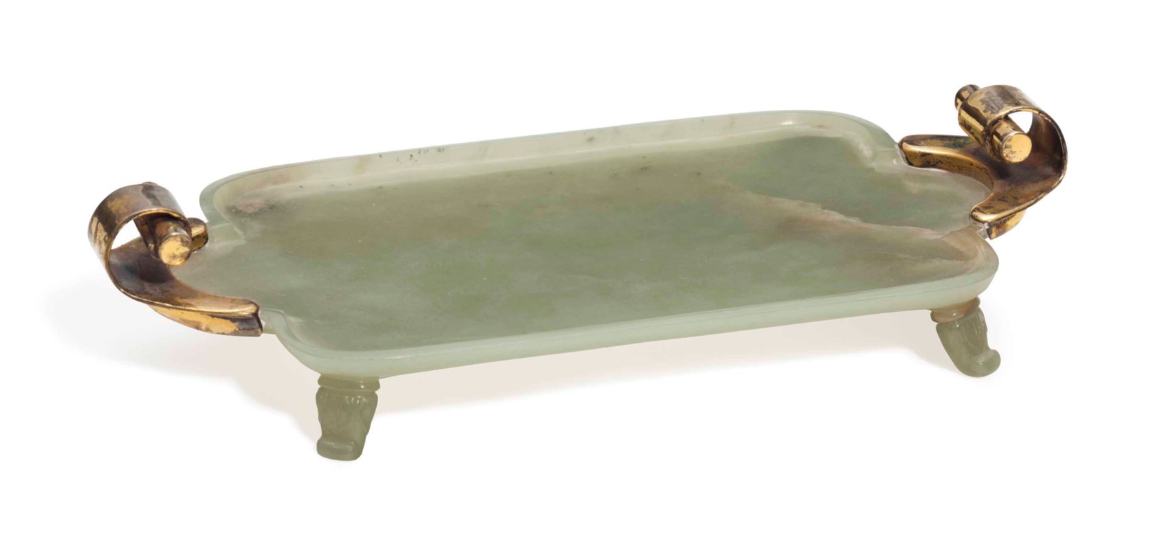 A GILT METAL-MOUNTED CHINESE PALE GREEN JADE DESK ACCESSORY, THE JADE ...